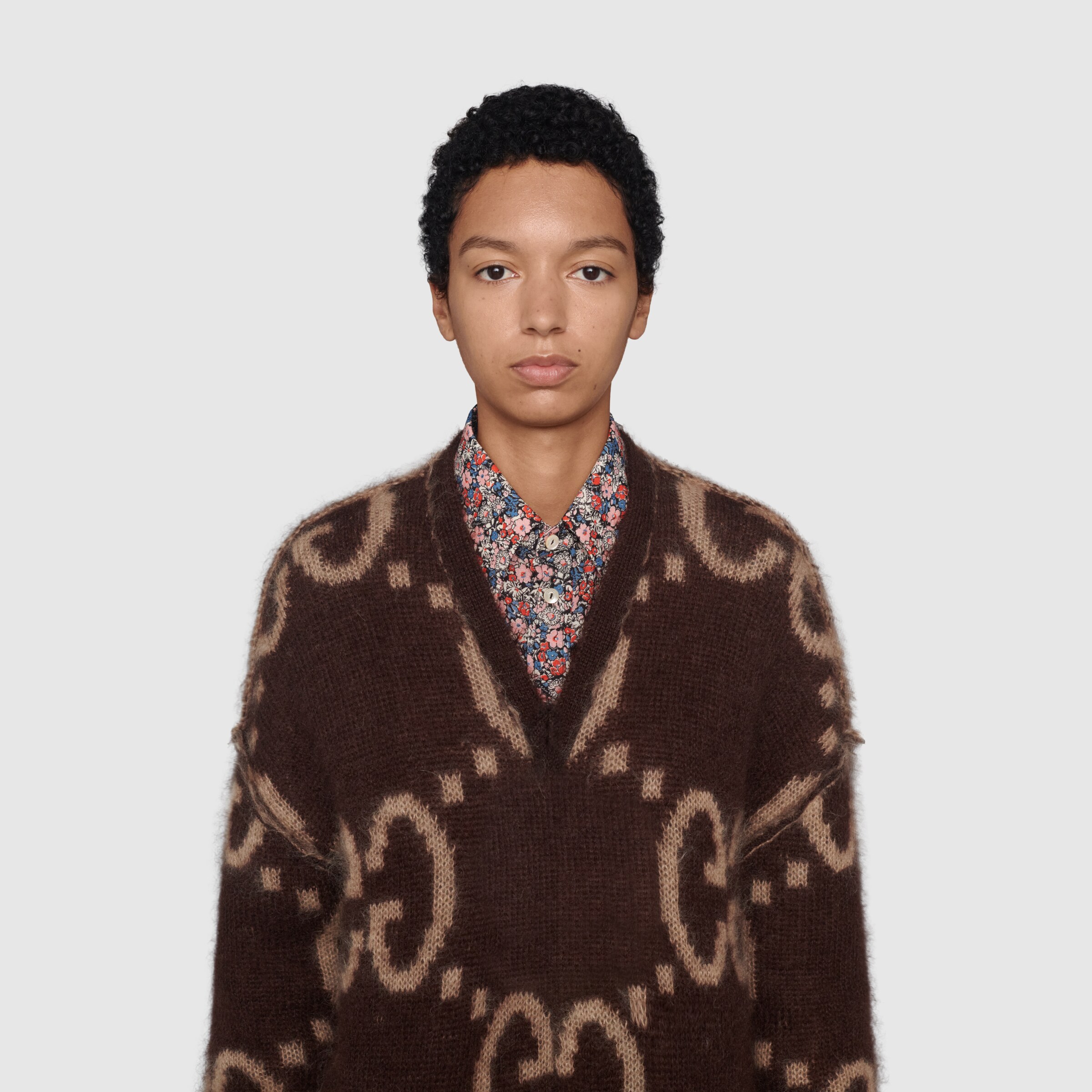 GG Mohair Wool V-Neck Sweater In Beige & Brown | GUCCI® PL