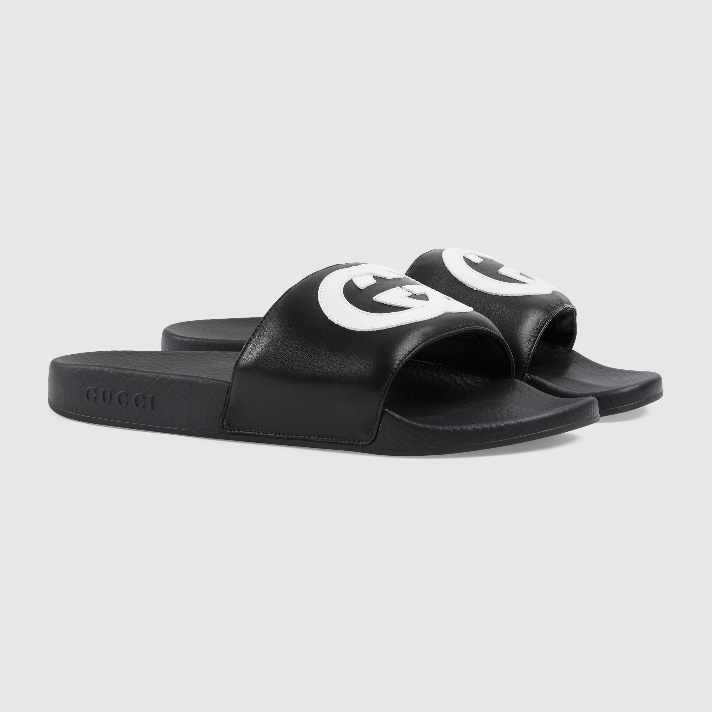 Men's Slide With Interlocking G In Black Leather | GUCCI® FI