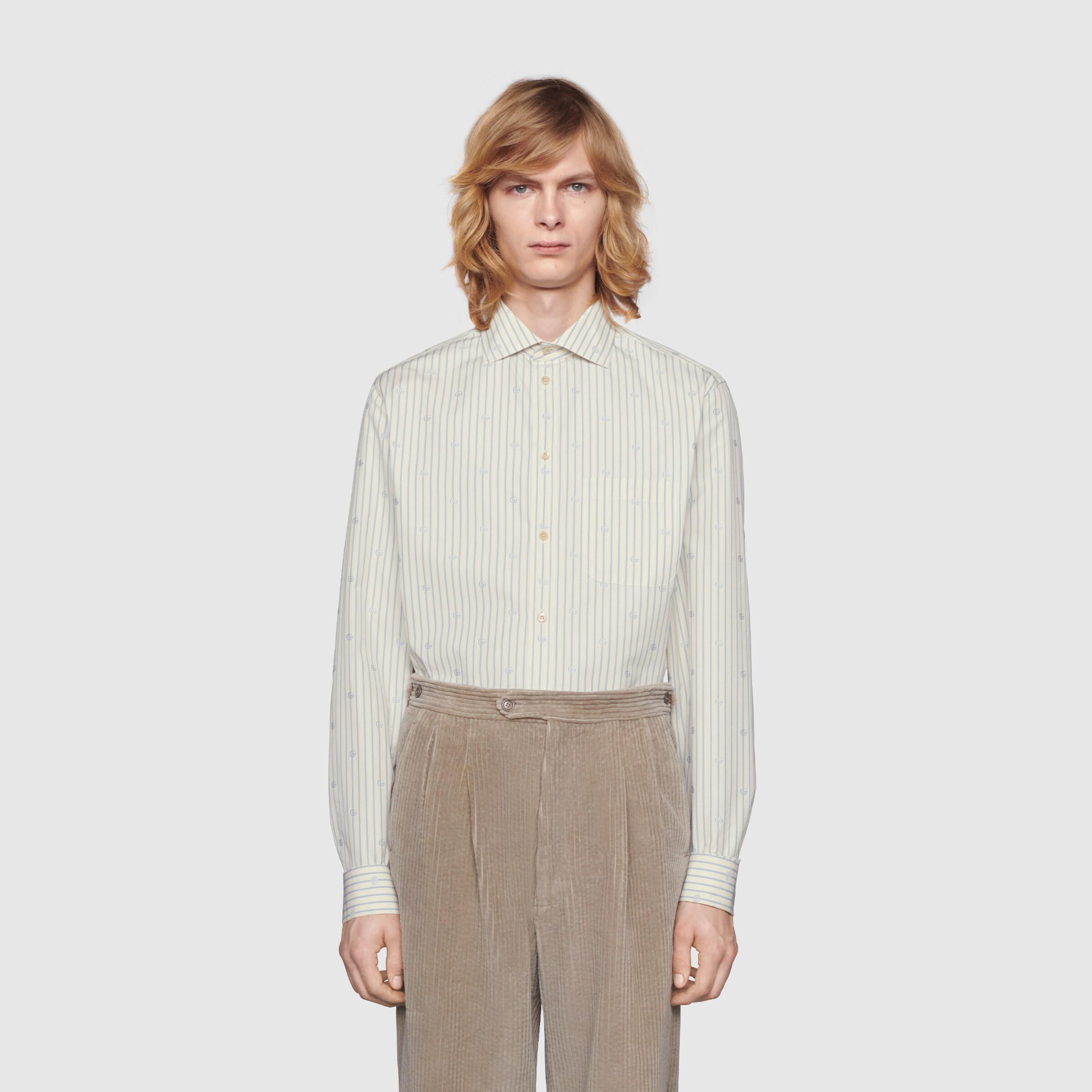 Gg Stripe Fil Coupé Cotton Shirt In Off White And Light Blue Gucci