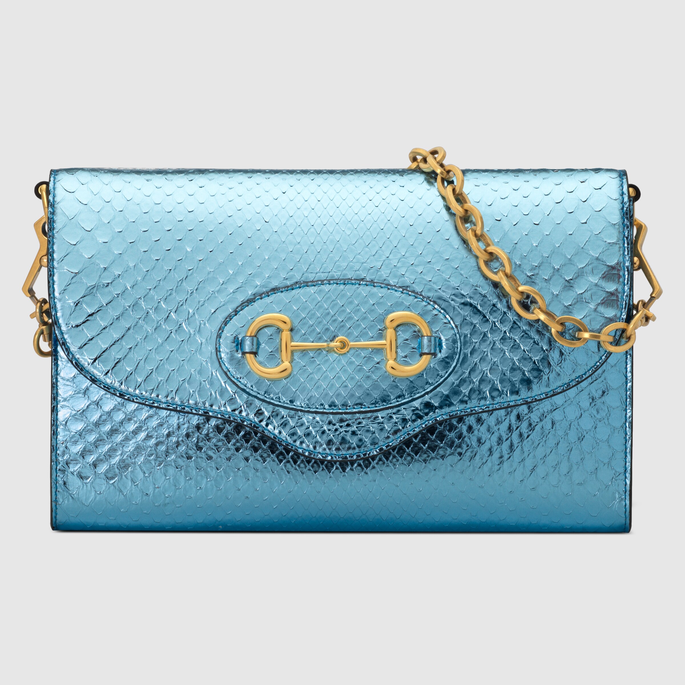 Gucci Horsebit 1955 python small shoulder bag in sky blue lamé python ...