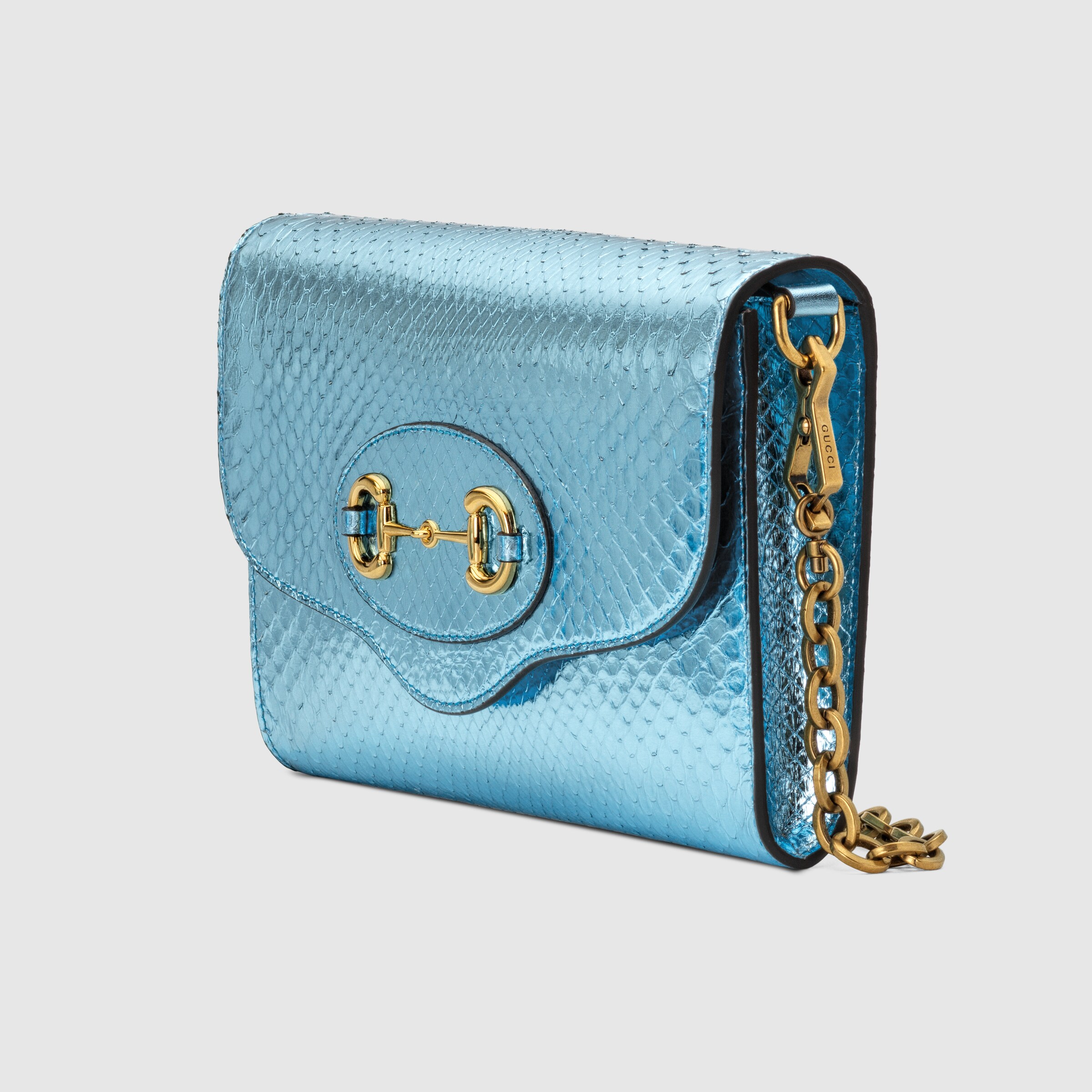 Gucci Horsebit 1955 python small shoulder bag in sky blue lamé python ...