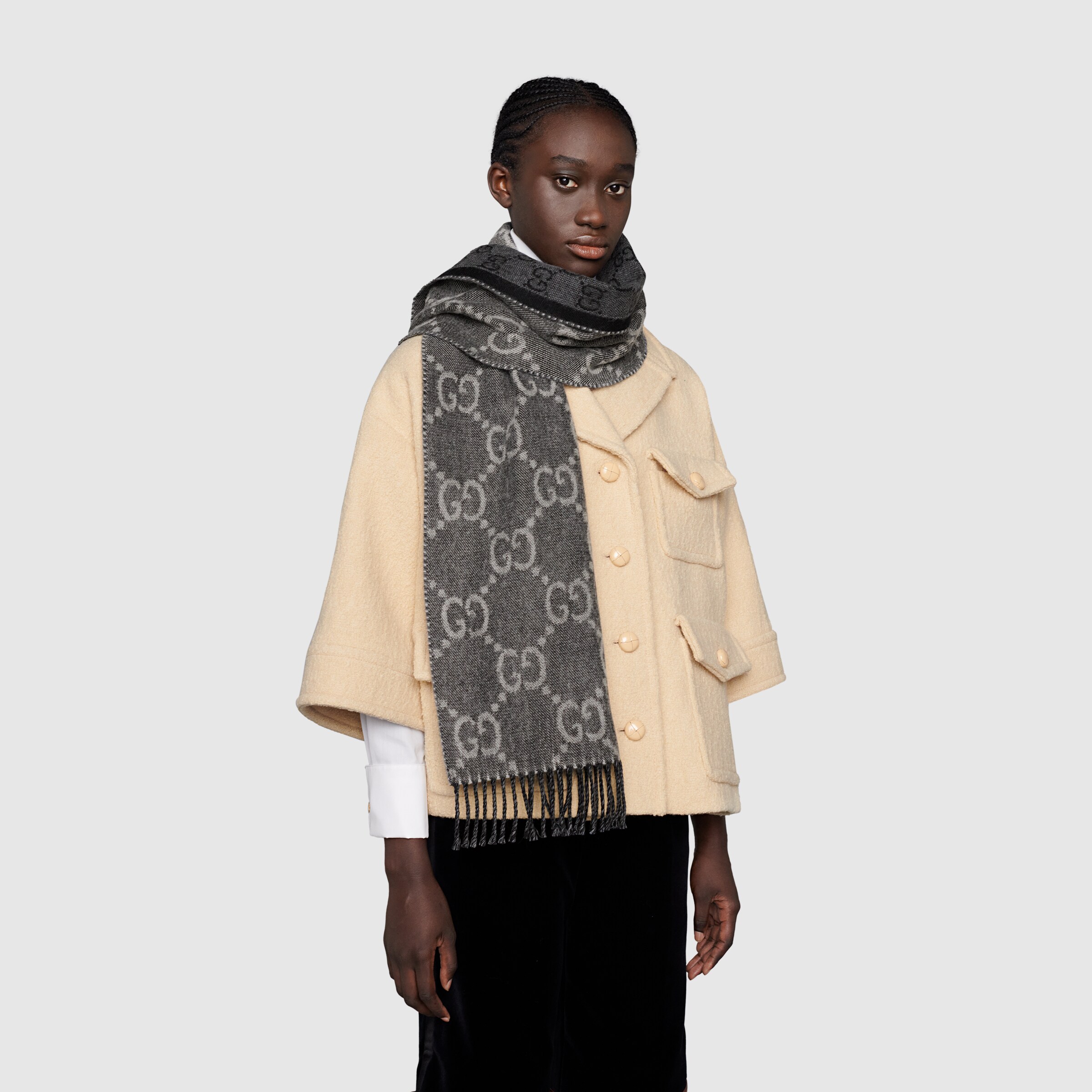 GG jacquard pattern knit scarf with tassels in grey and black | GUCCI® US