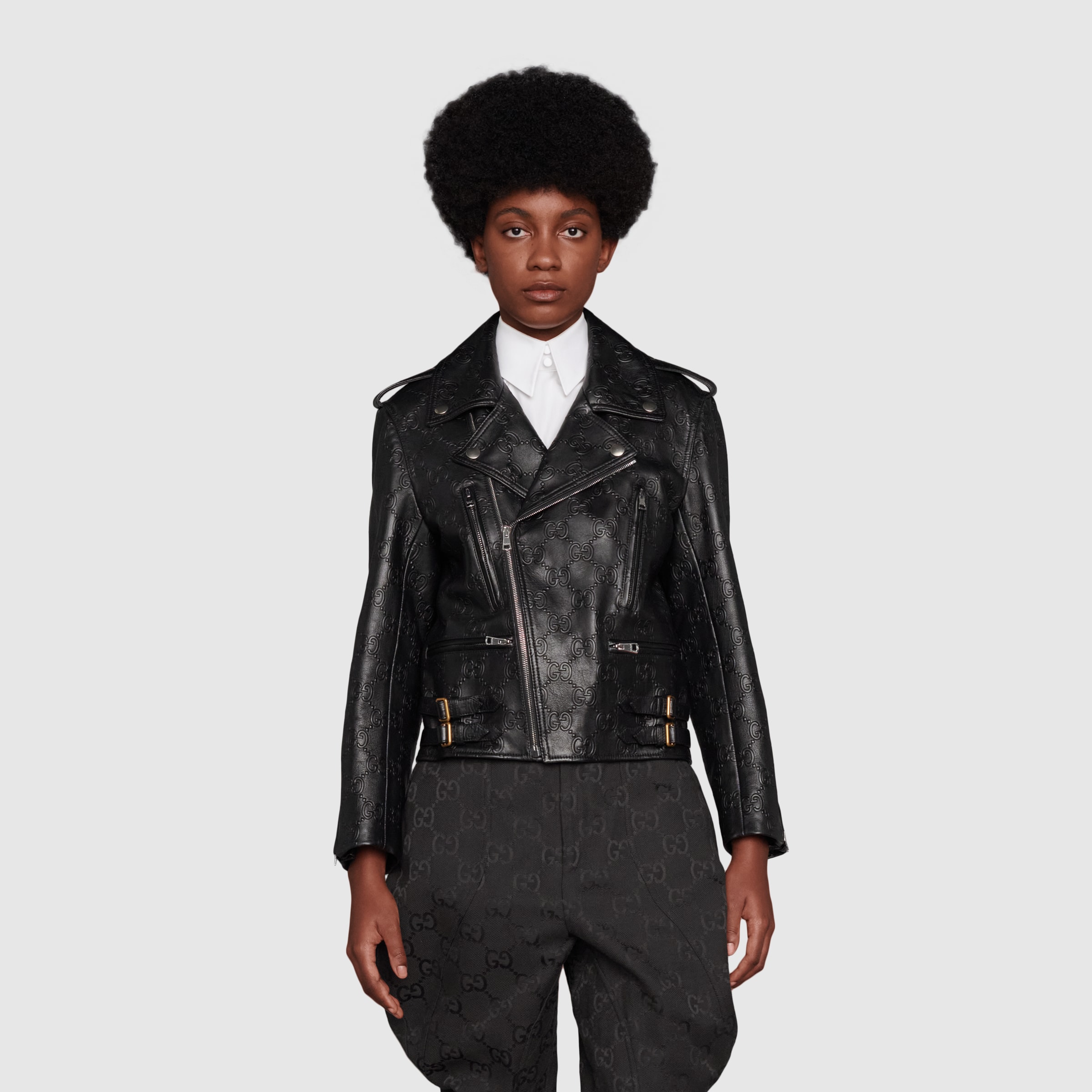 Embossed GG leather biker jacket in black | GUCCI® Canada