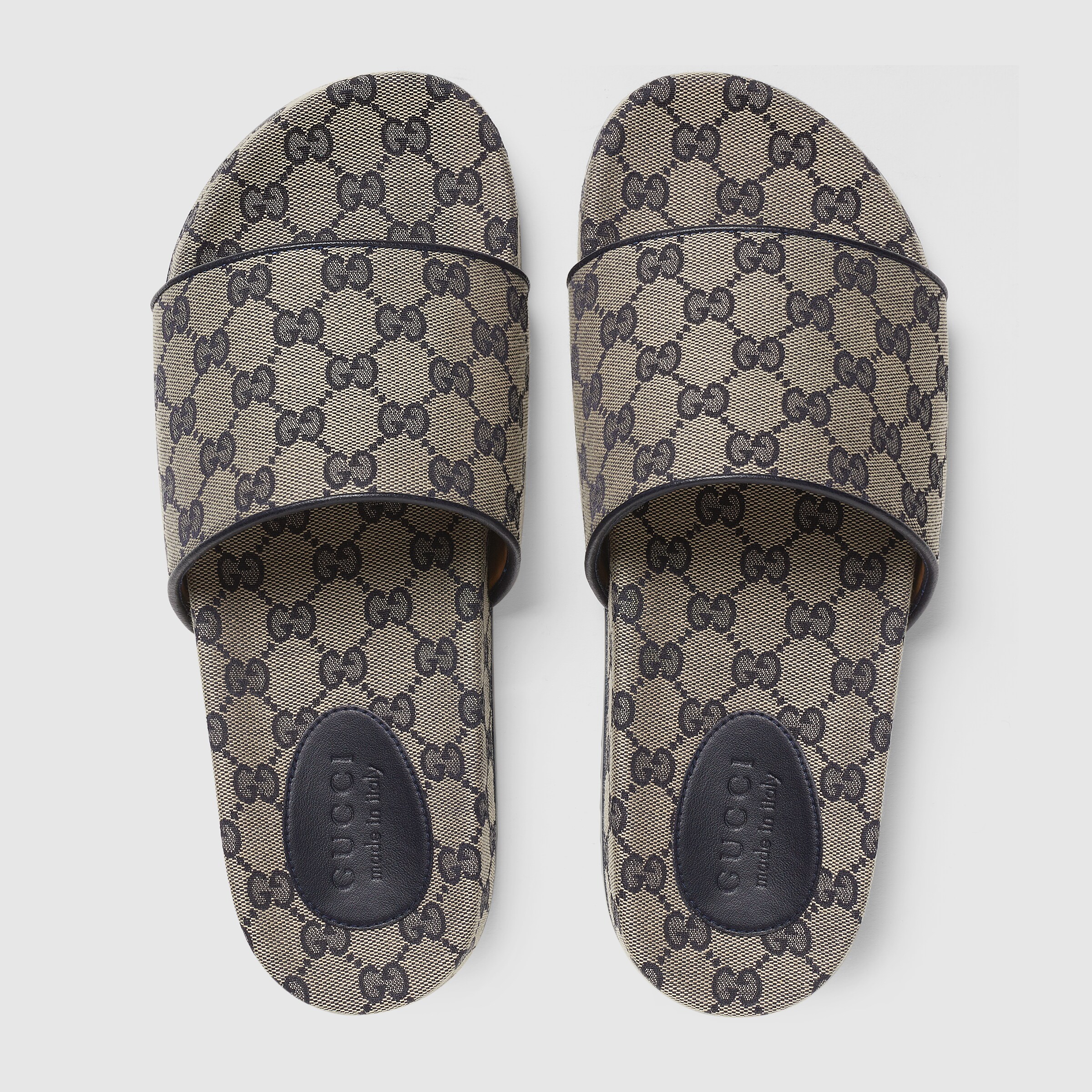 Men's GG slide sandal inbeige and blue canvas | GUCCI® TH