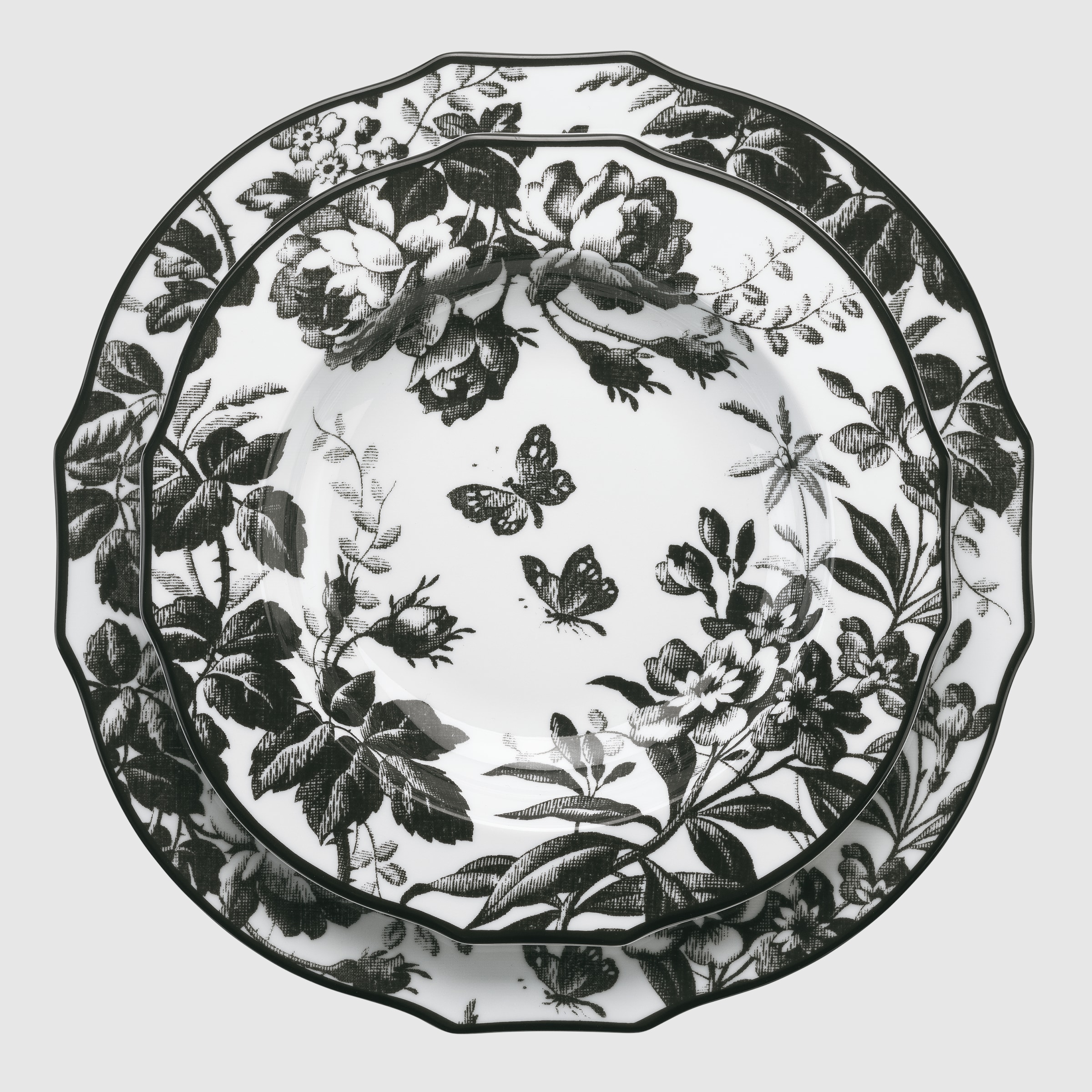 Herbarium dinner plate, set of two in black and white porcelain | GUCCI® AE