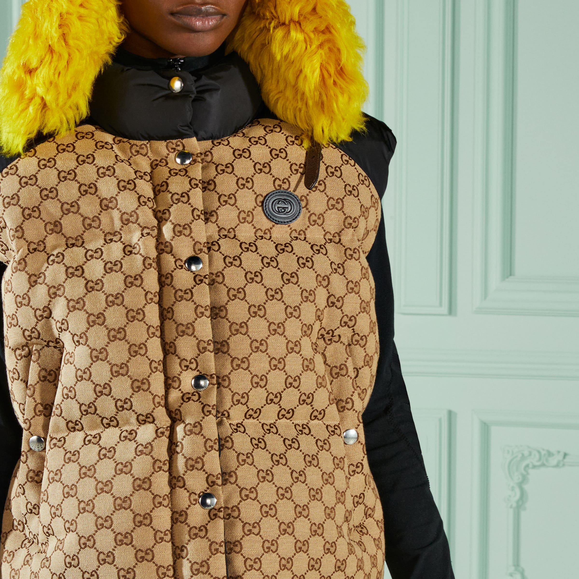 GG cotton canvas puffer vest in camel and brown | GUCCI® US