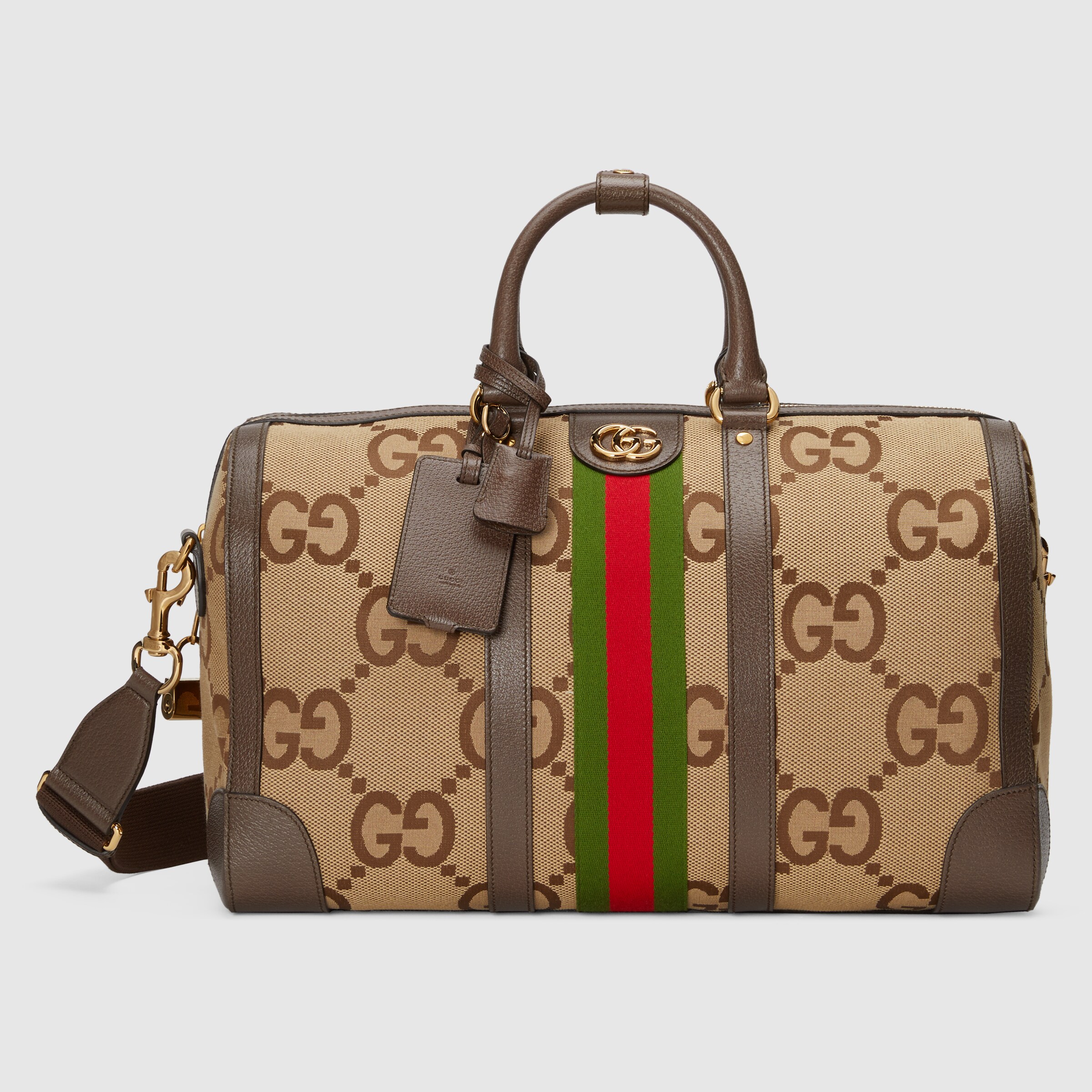 Jumbo GG small duffle bag in camel and ebony GG canvas | GUCCI® Canada
