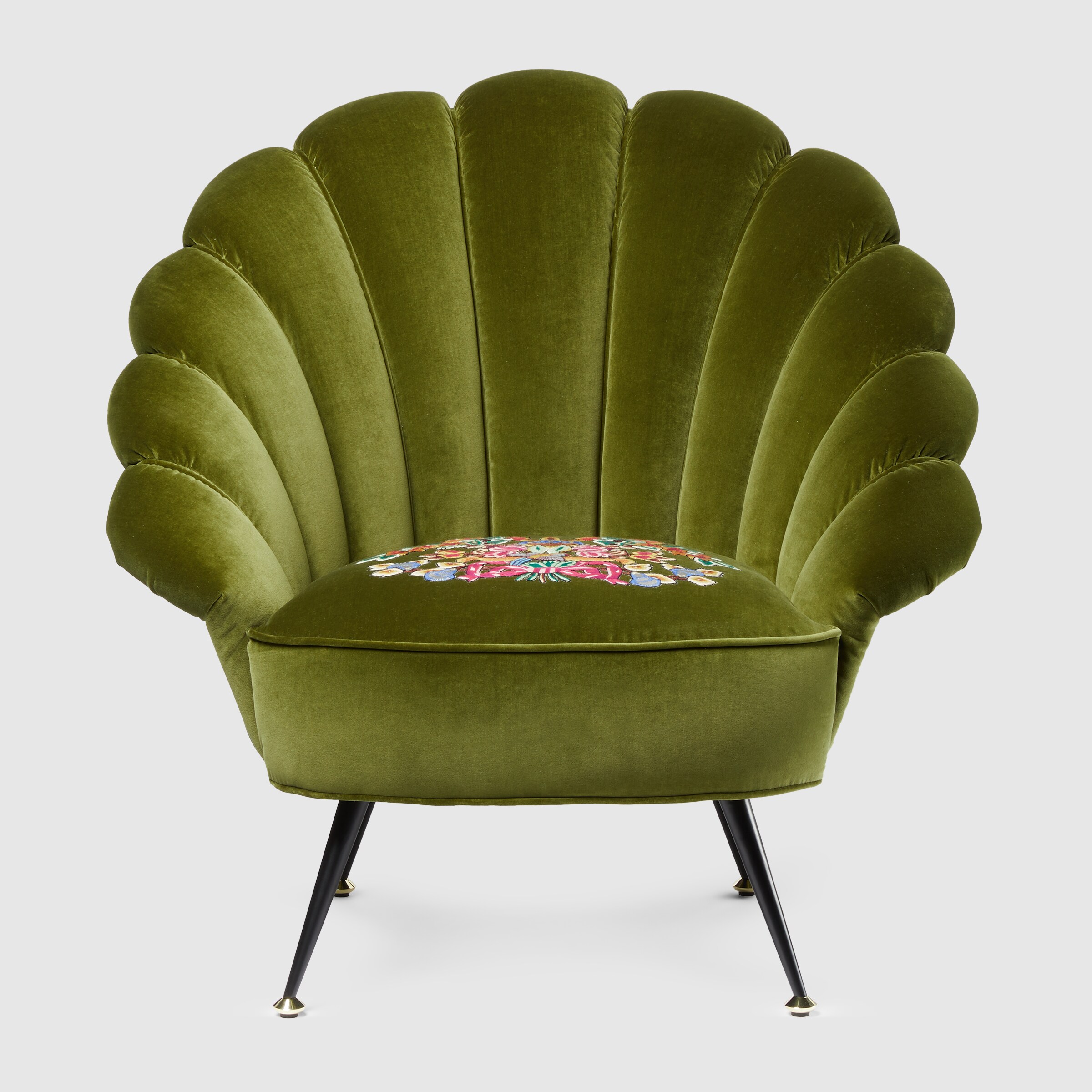 Velvet armchair with embroidered flowers in green velvet | GUCCI® US