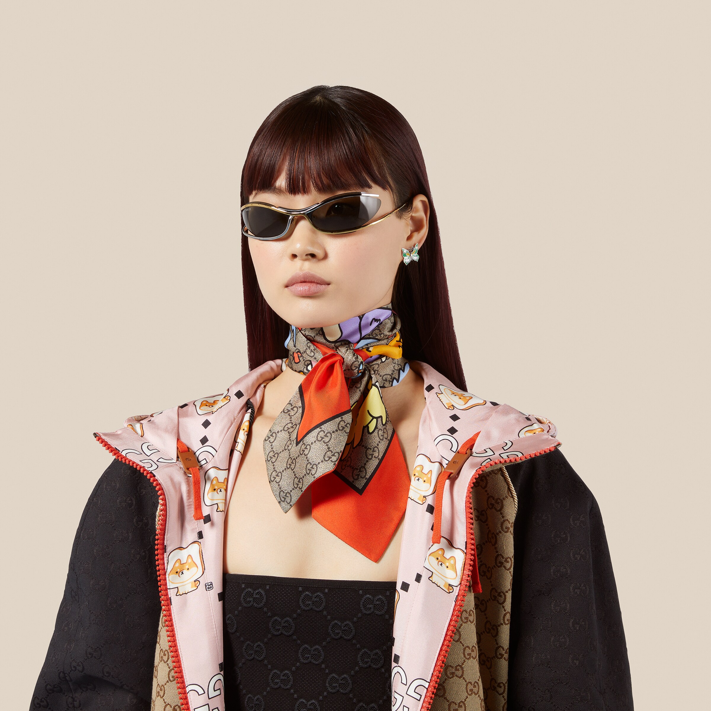 GG silk twill neck bow in beige and ebony | GUCCI® UK