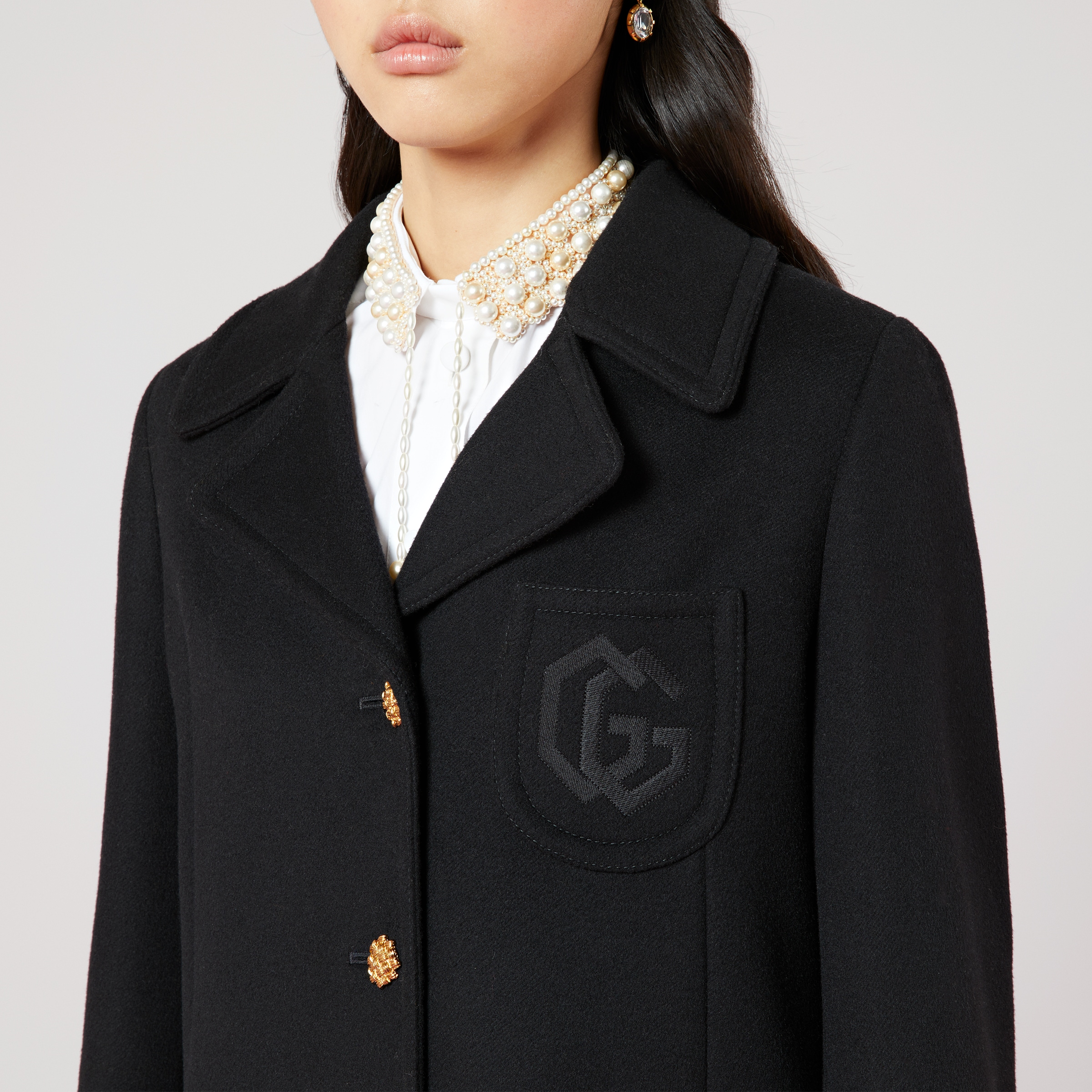 Double G embroidery wool coat in black | GUCCI® US