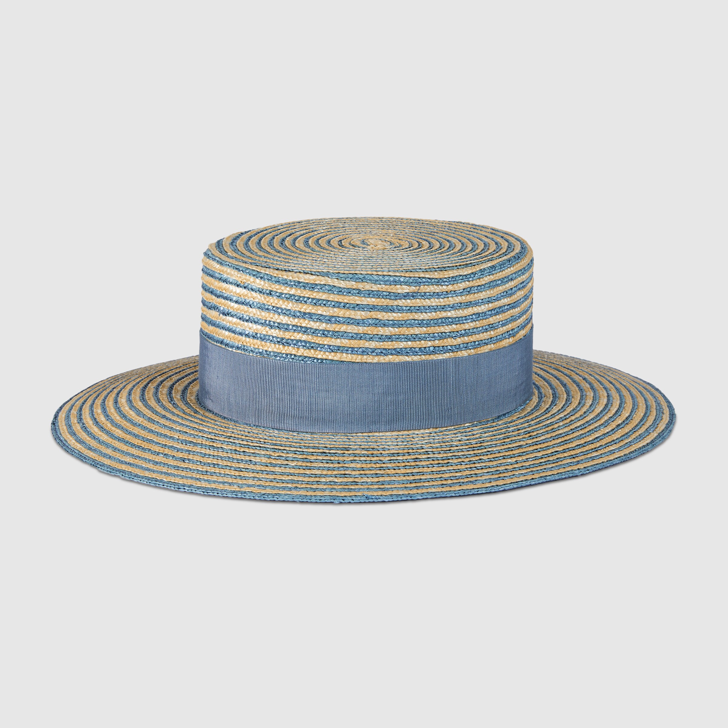 Striped raffia wide-brimmed hat in beige and light blue | GUCCI® UK