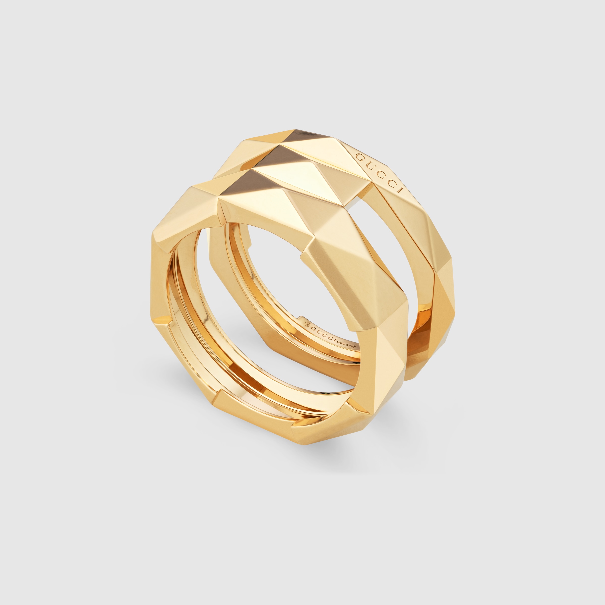 Gucci Link to Love geometric studded double ring in 18k yellow gold ...
