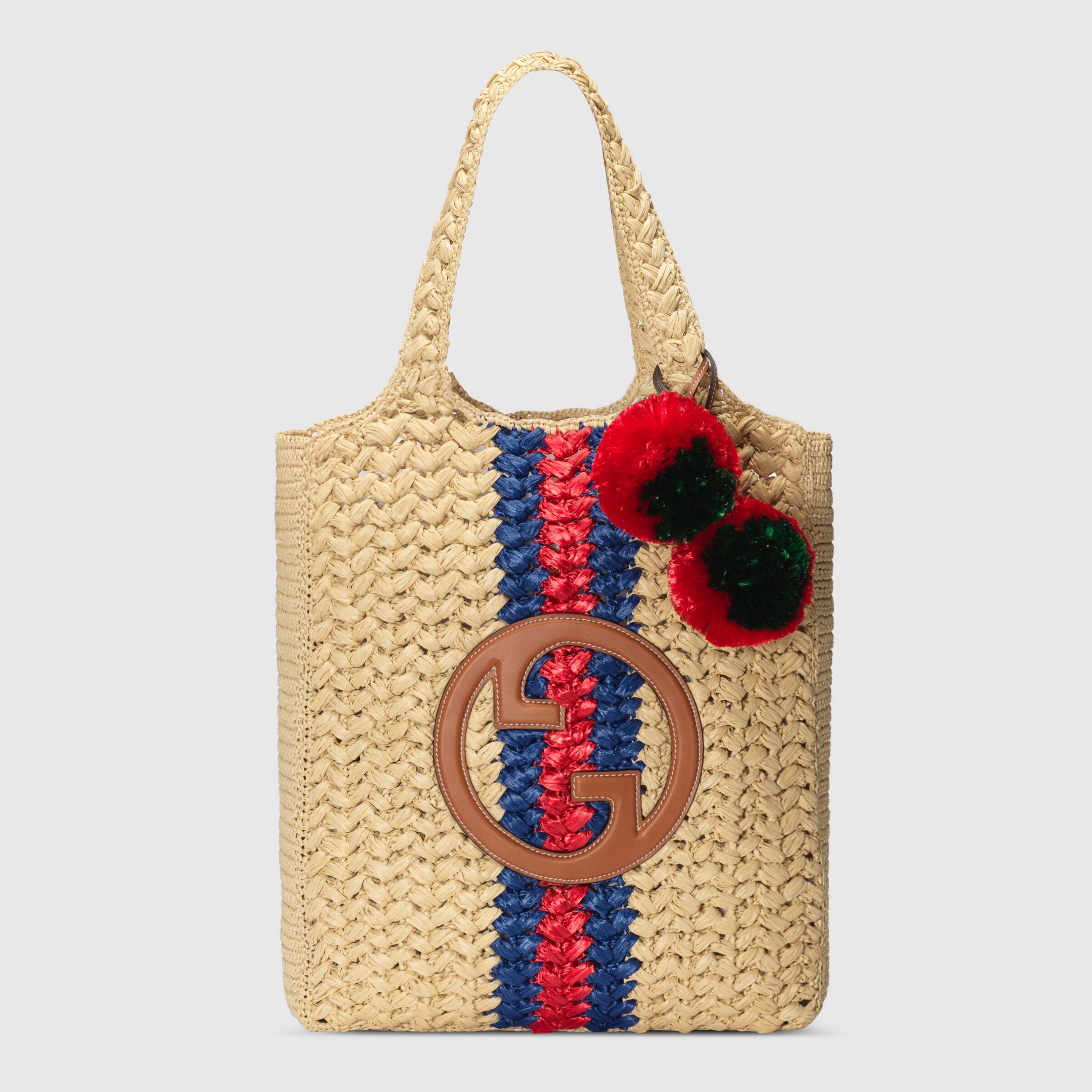Tote bag with Round Interlocking G in natural raffia effect | GUCCI® PL