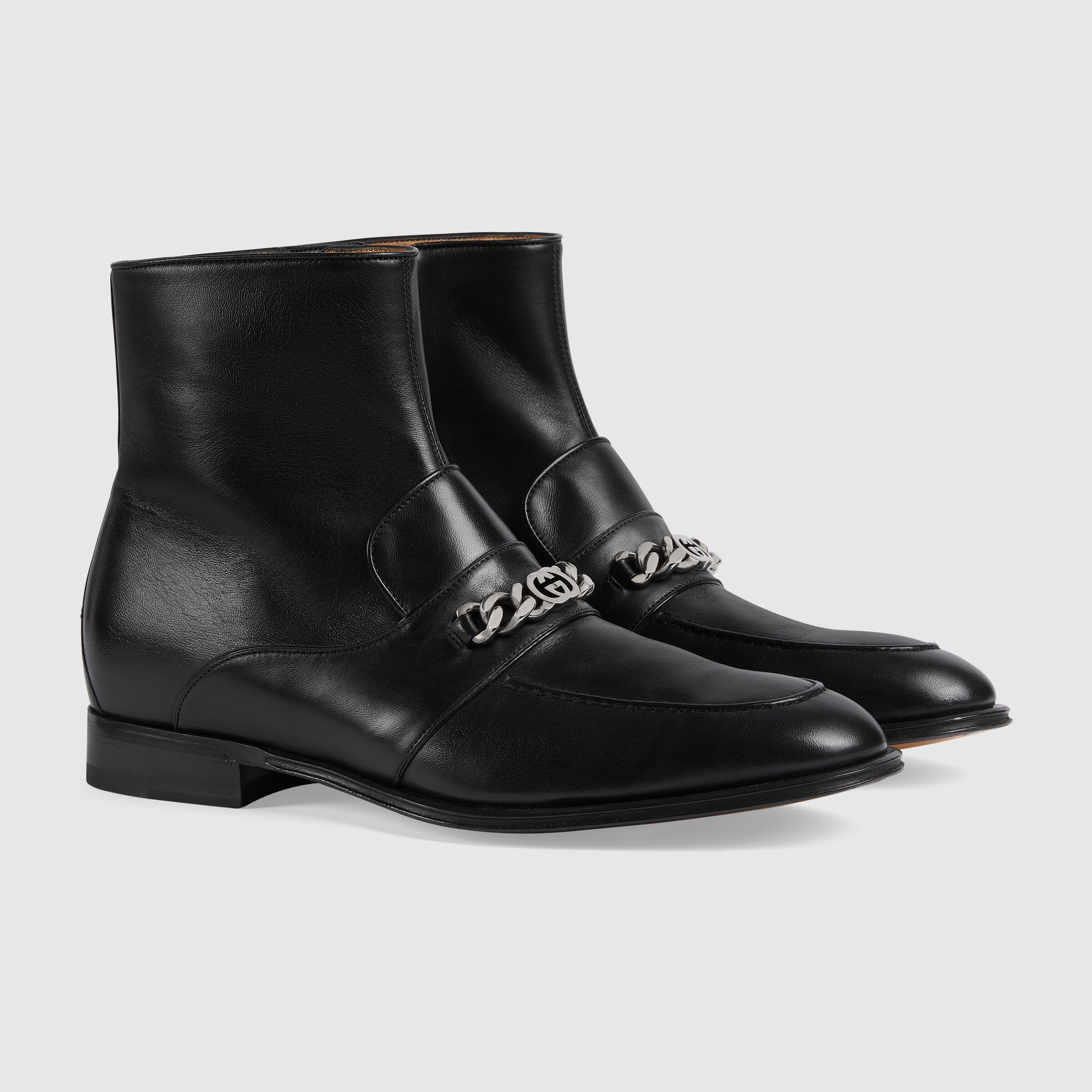 Men's bootie with Interlocking G chain in soft black leather | GUCCI® SG
