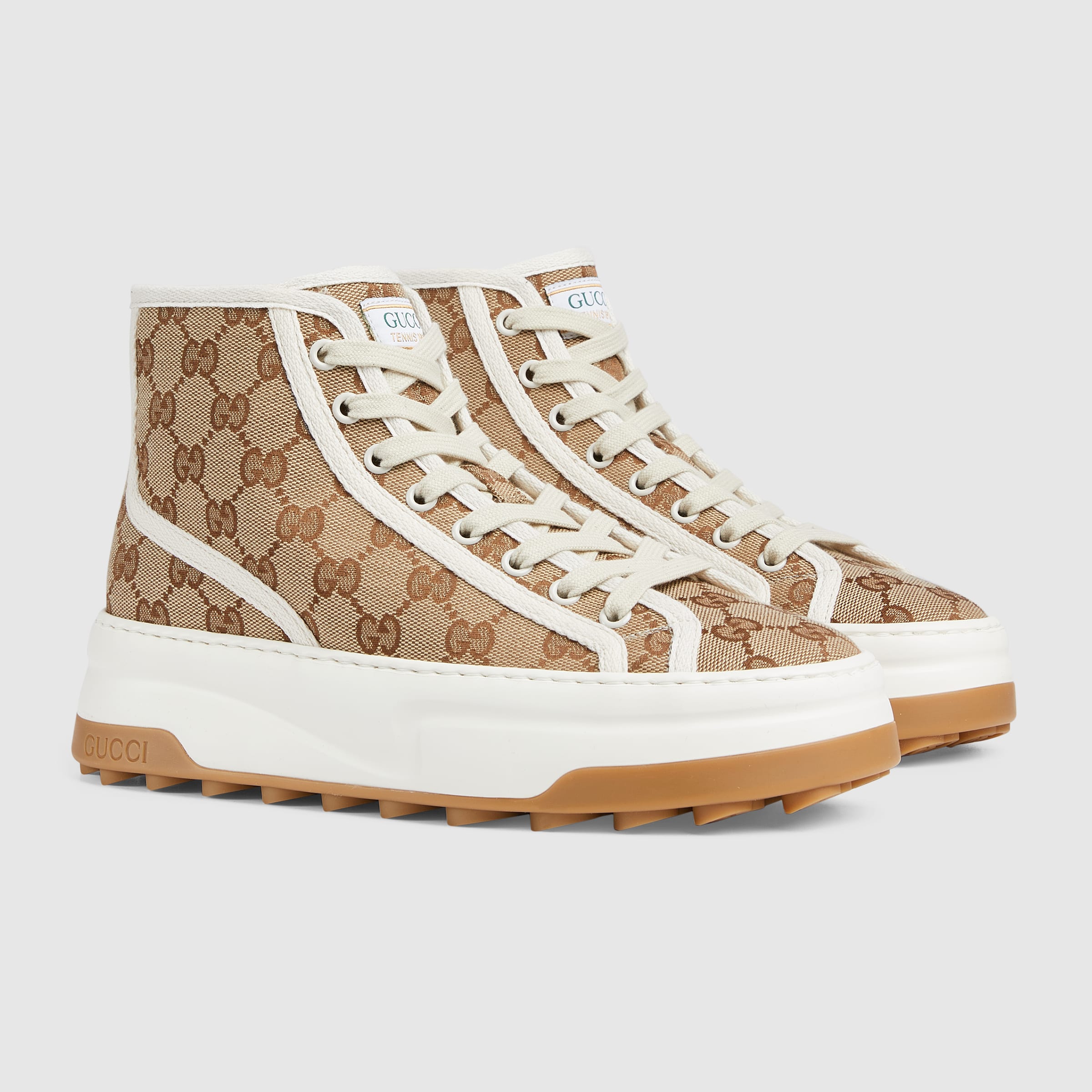 Women's GG high top sneaker in beige and ebony GG canvas | GUCCI® AE