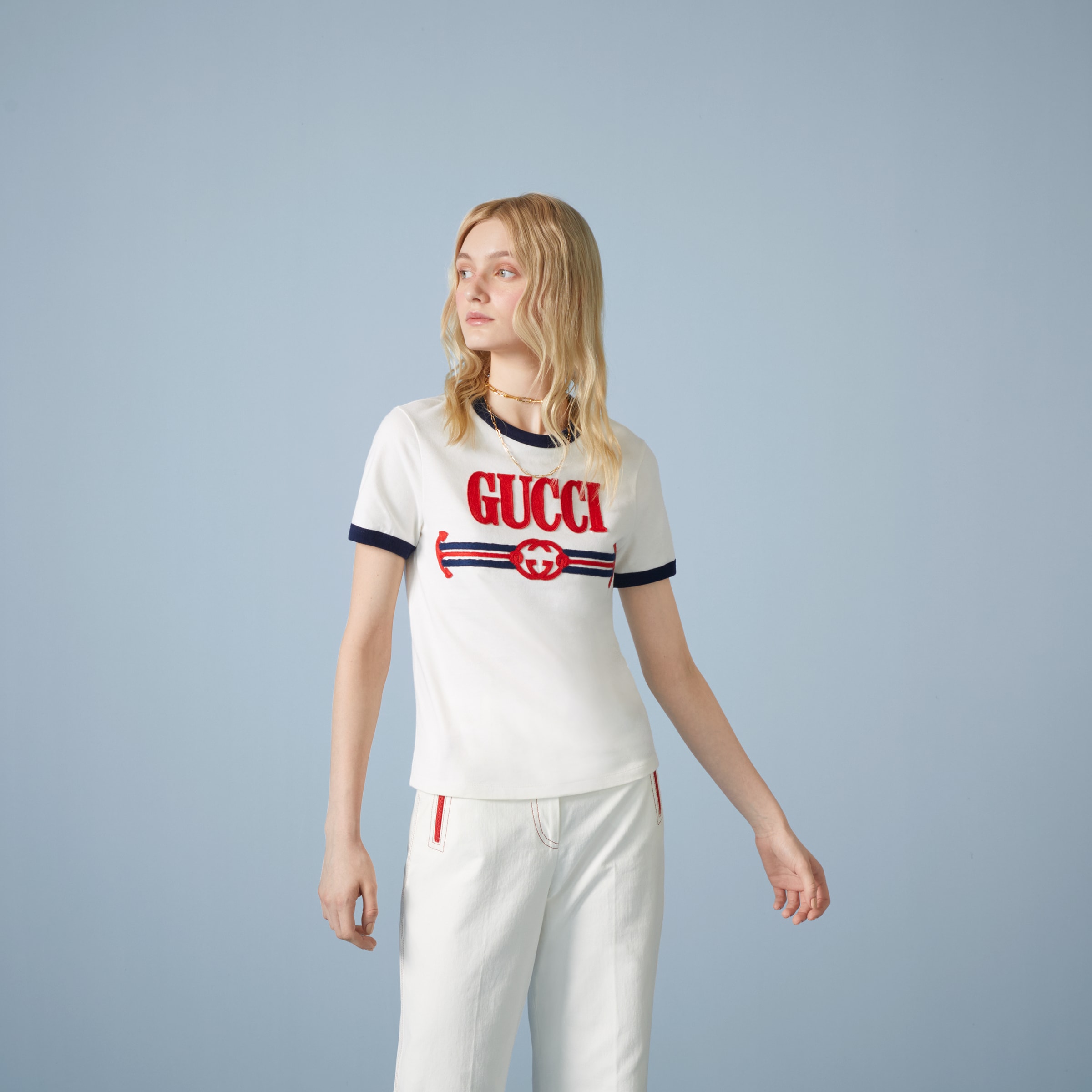 T-shirt en jersey de coton avec détail GG enlacés et bande Web Gucci en blanc cassé | GUCCI® FR