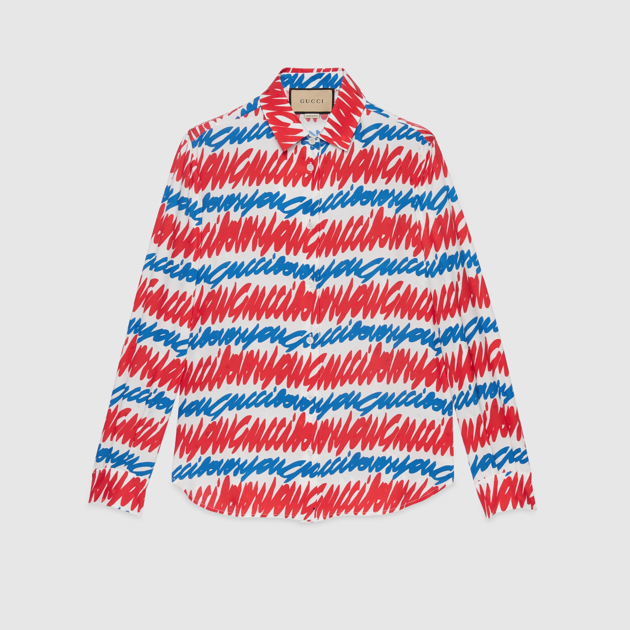 Gucci script print shirt and bra set in ivory, blue and red | GUCCI® RO