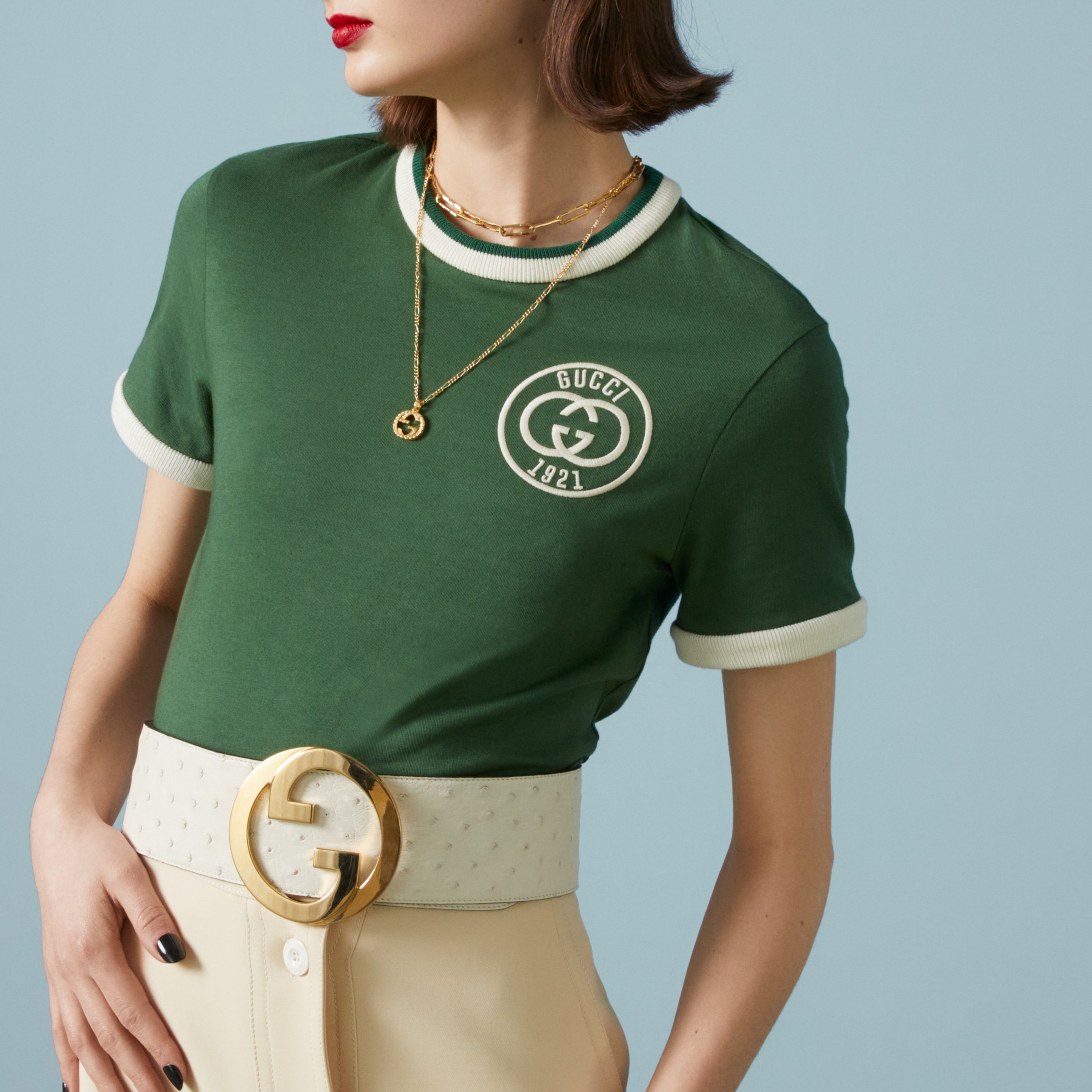 Cotton jersey T-shirt with Gucci embroidery in green | GUCCI® US