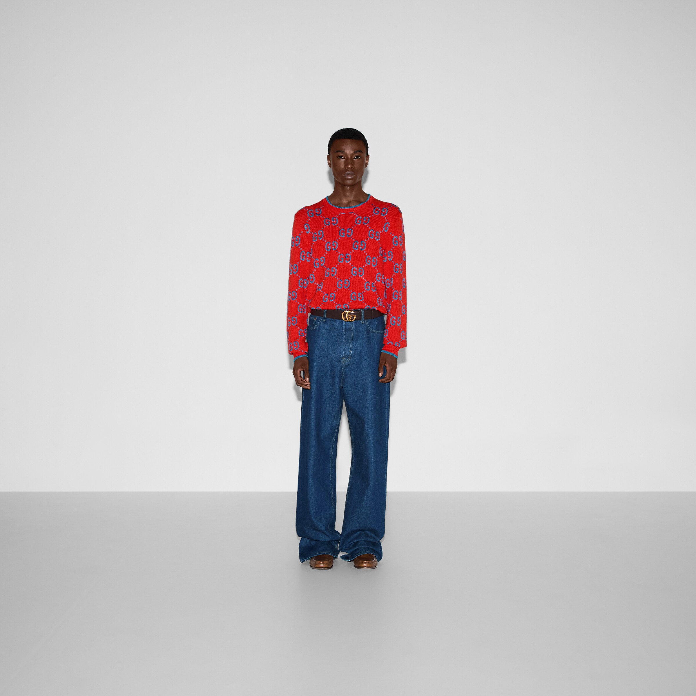 GG knit cotton jacquard sweater in red and blue | GUCCI® Canada