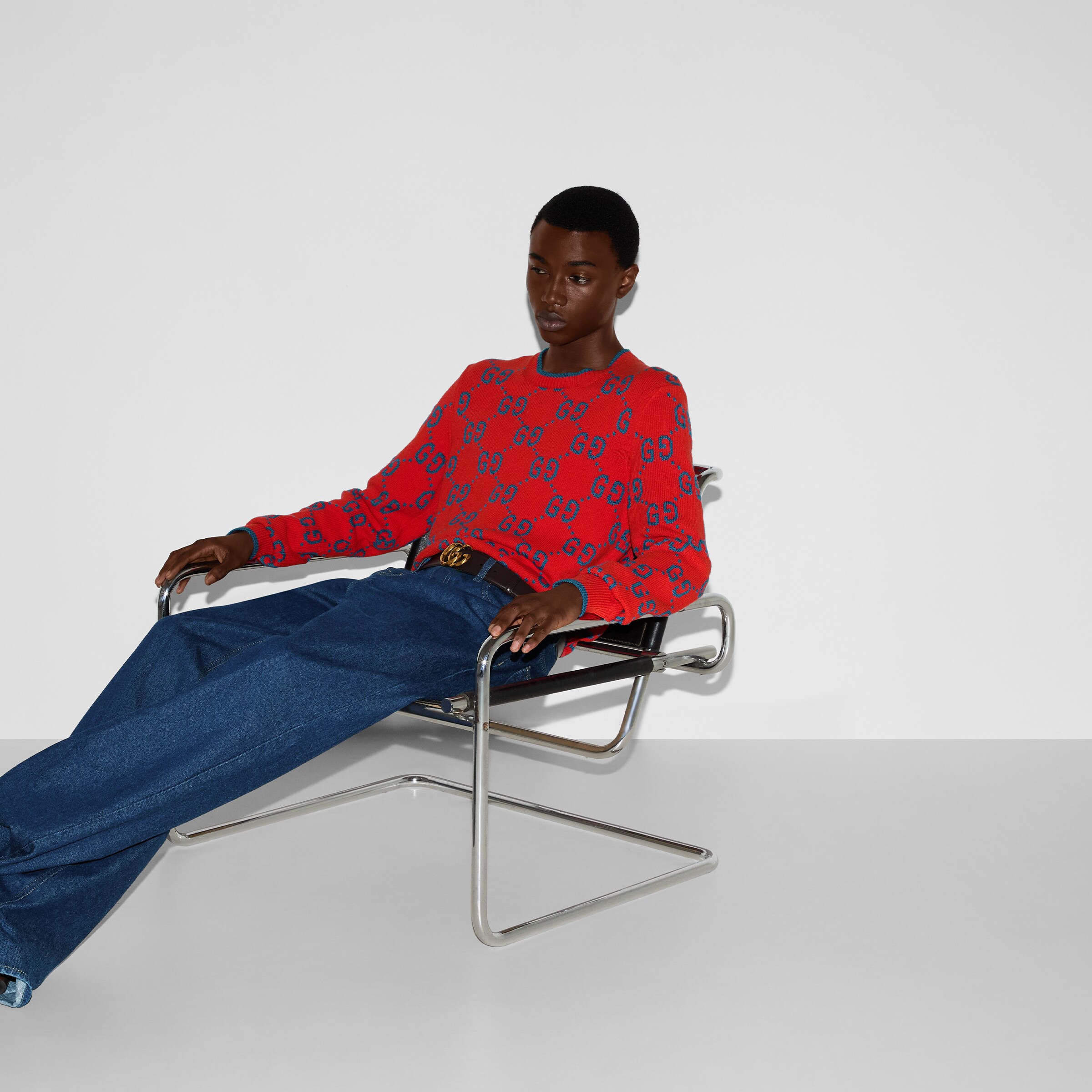 GG knit cotton jacquard sweater in red and blue | GUCCI® Canada