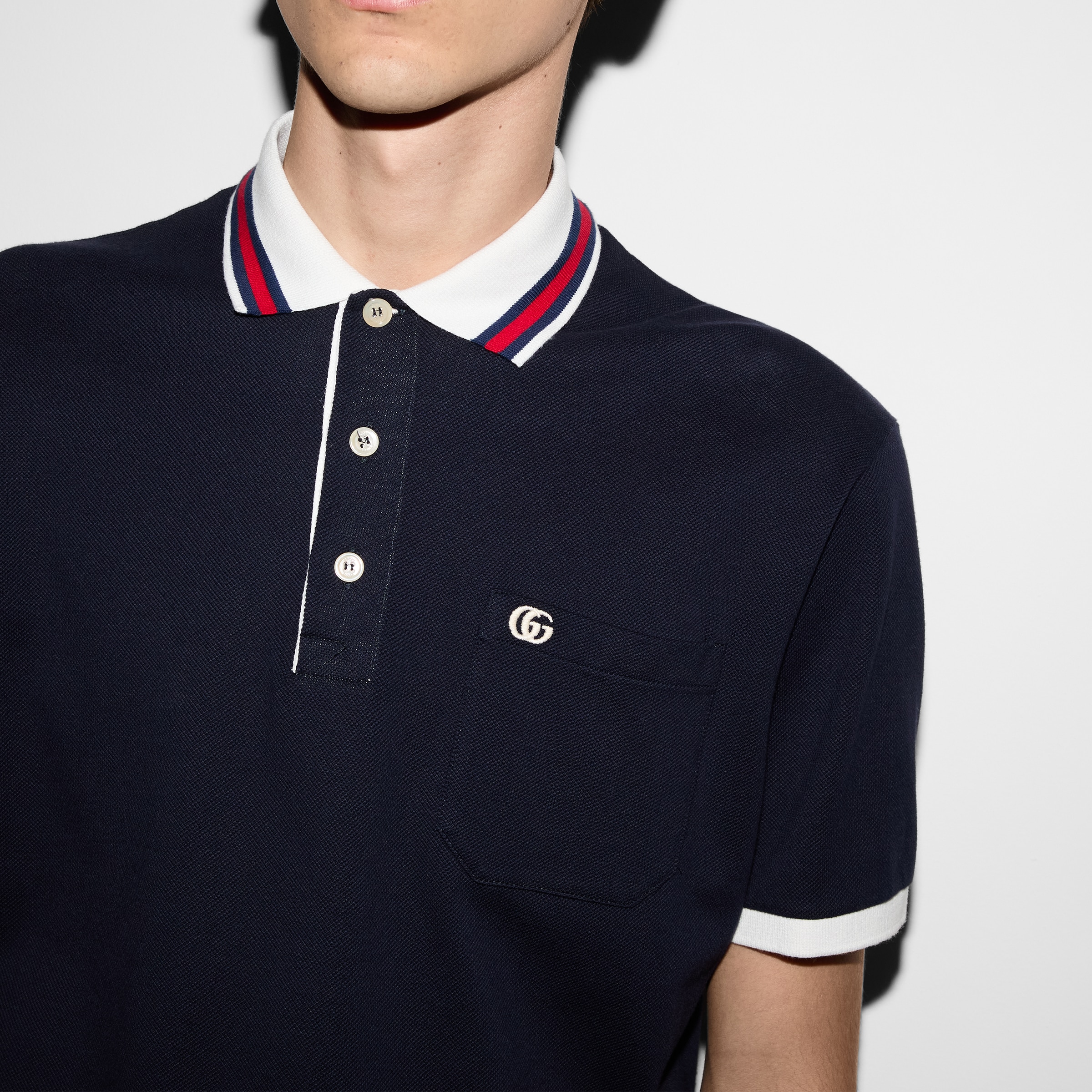 Polo in piqué di cotone con Doppia G in blu navy | GUCCI® Italia