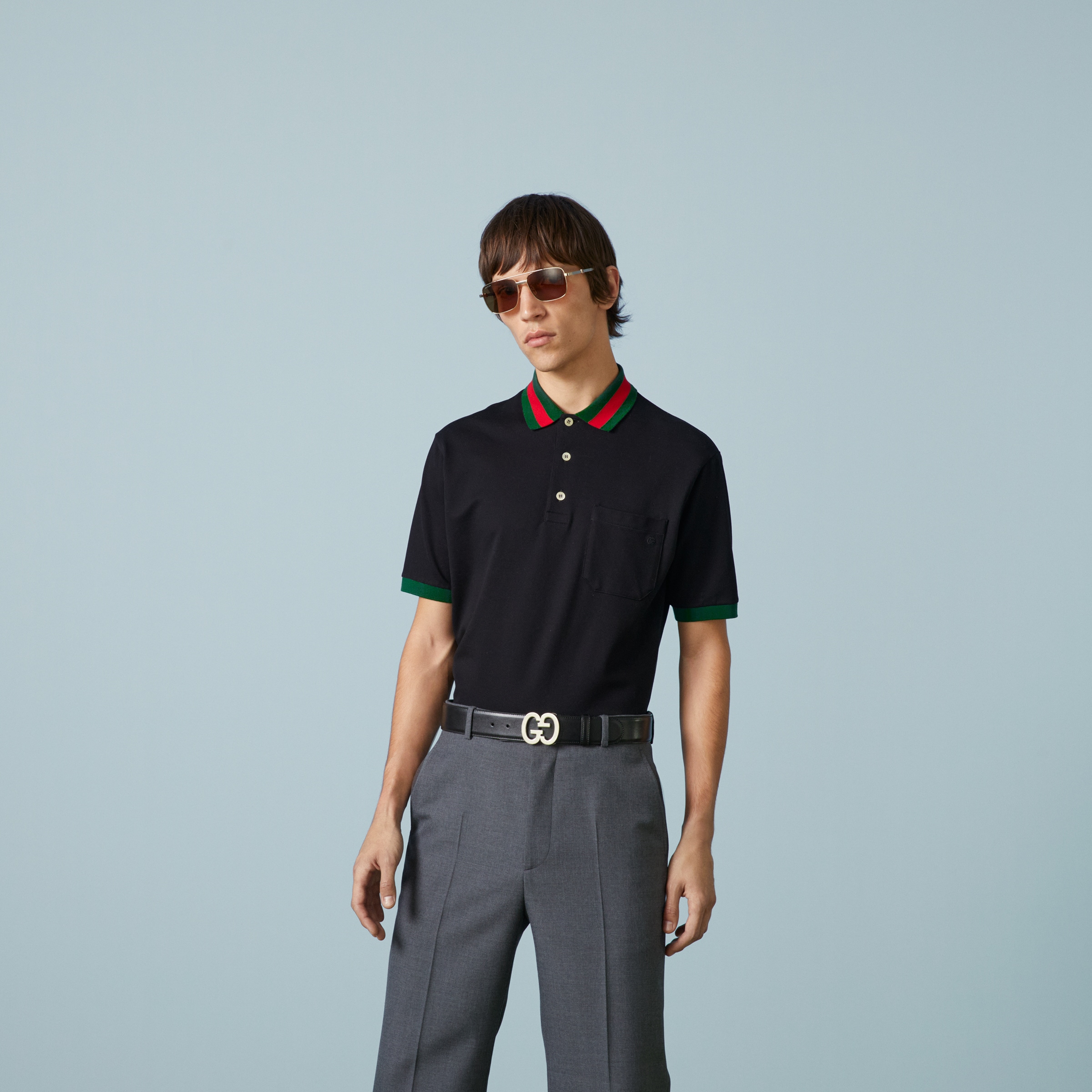 Cotton piquet polo with Web collar in black | GUCCI® ZA