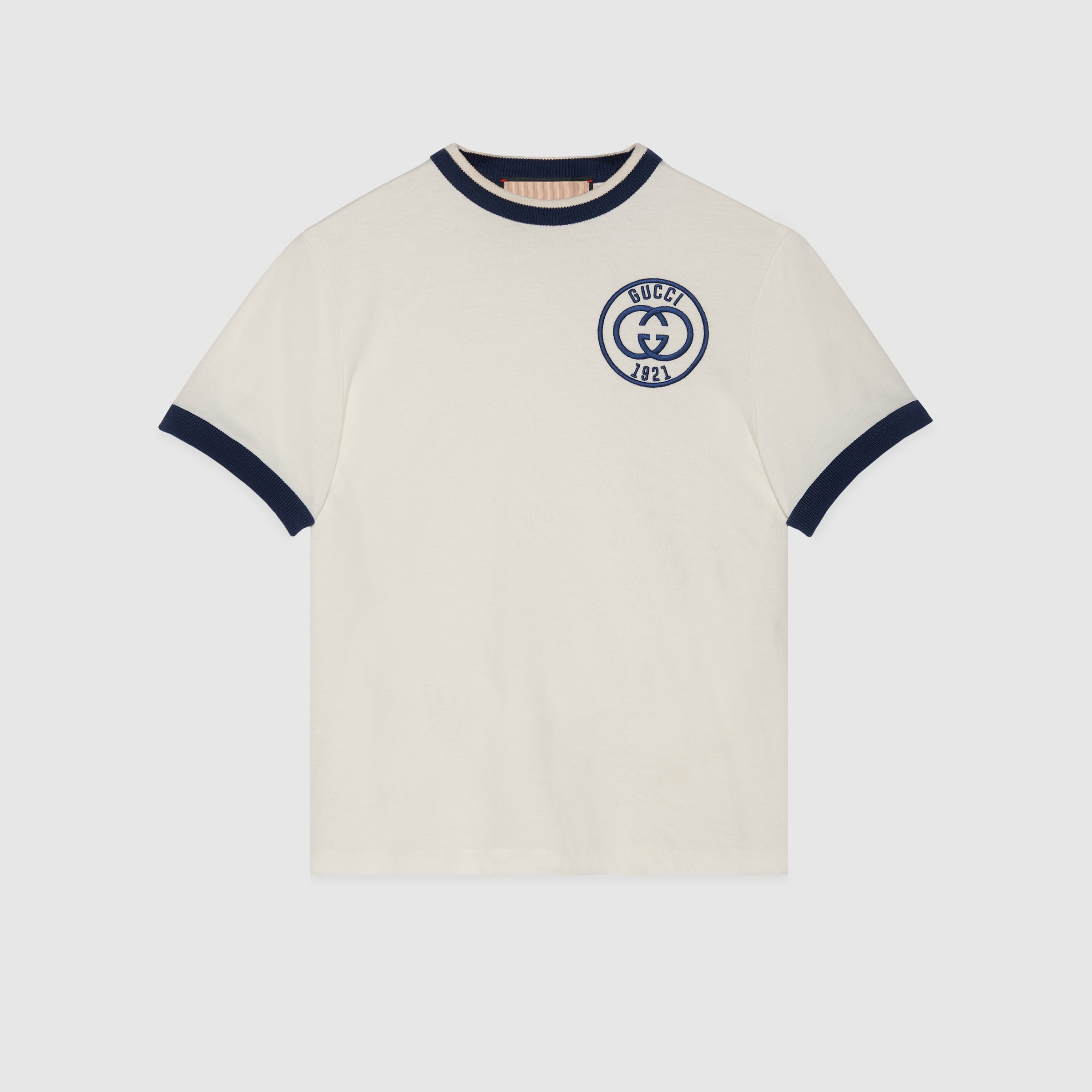Cotton jersey T-shirt with Gucci embroidery in off white | GUCCI® US