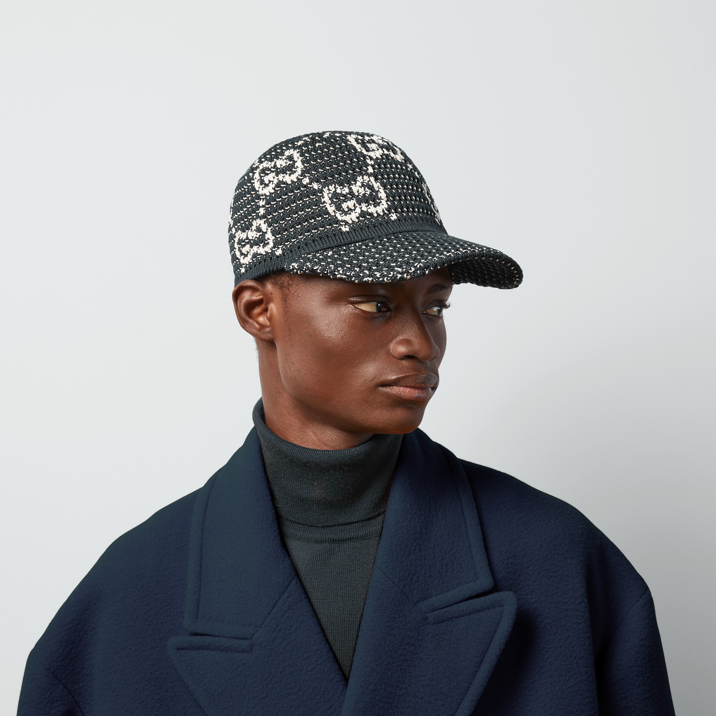 GG crochet cotton baseball hat in dark blue and white | GUCCI® IE