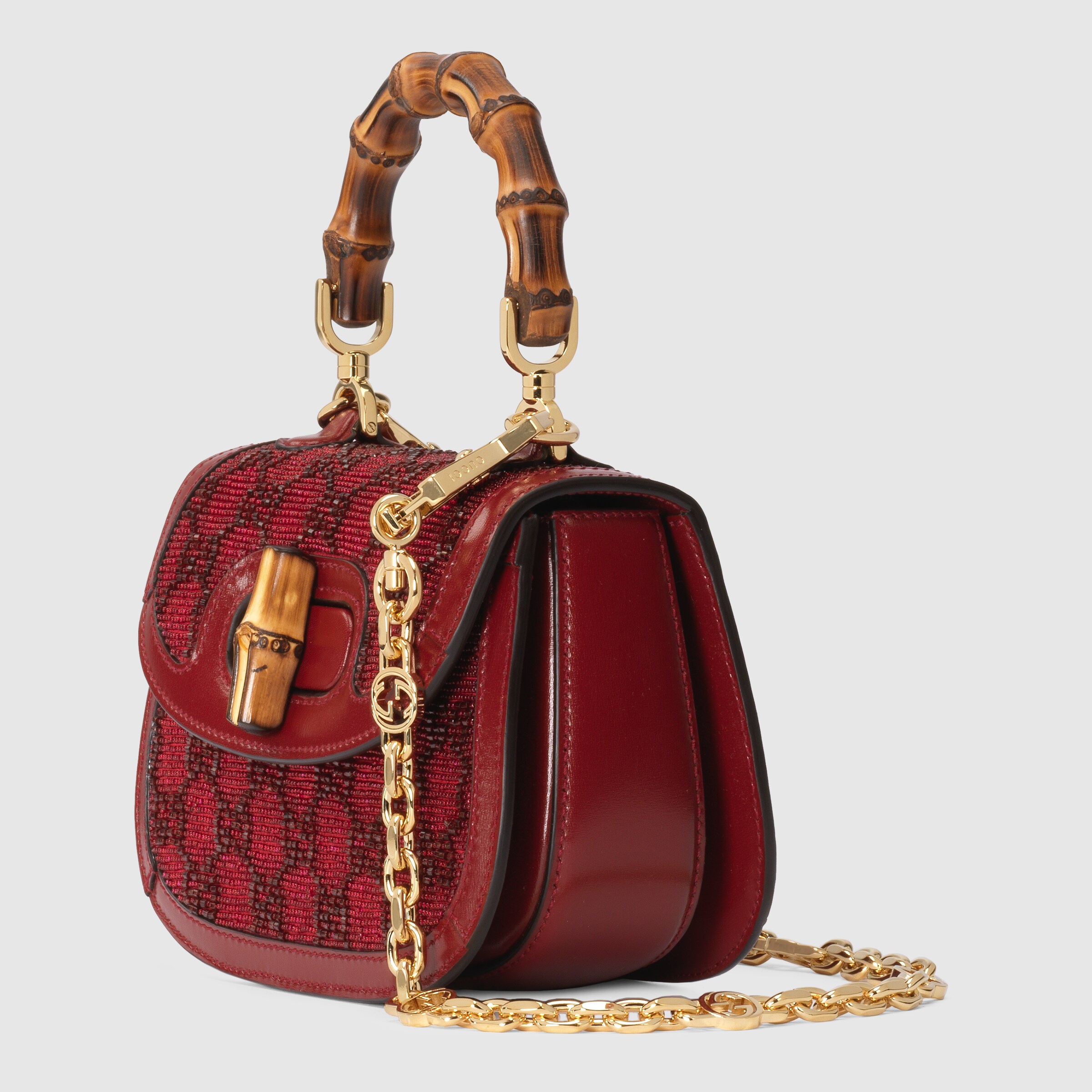Gucci Bamboo 1947 mini GG crystal top handle bag in red | GUCCI® SG