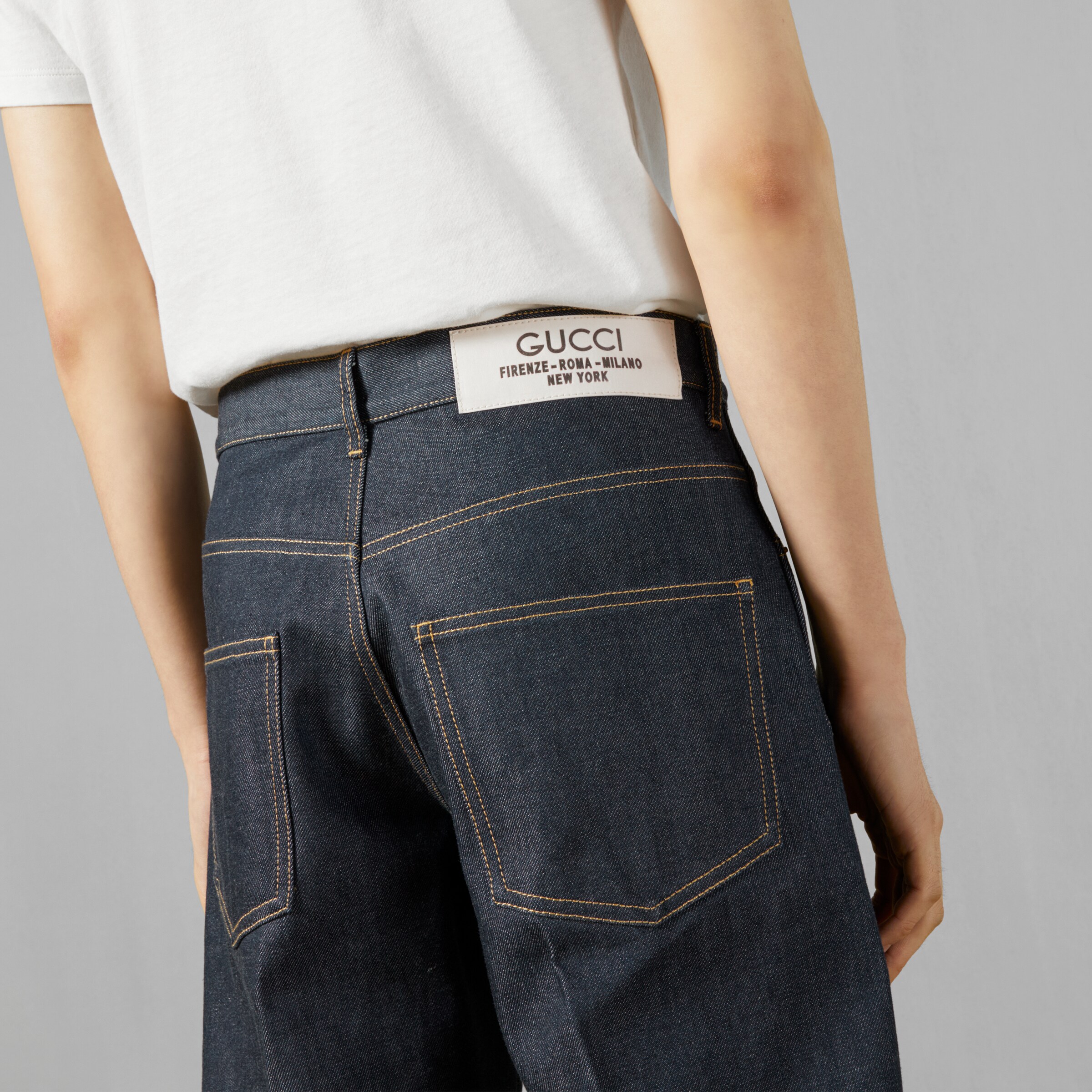 Denim pant with label in dark blue | GUCCI® Canada