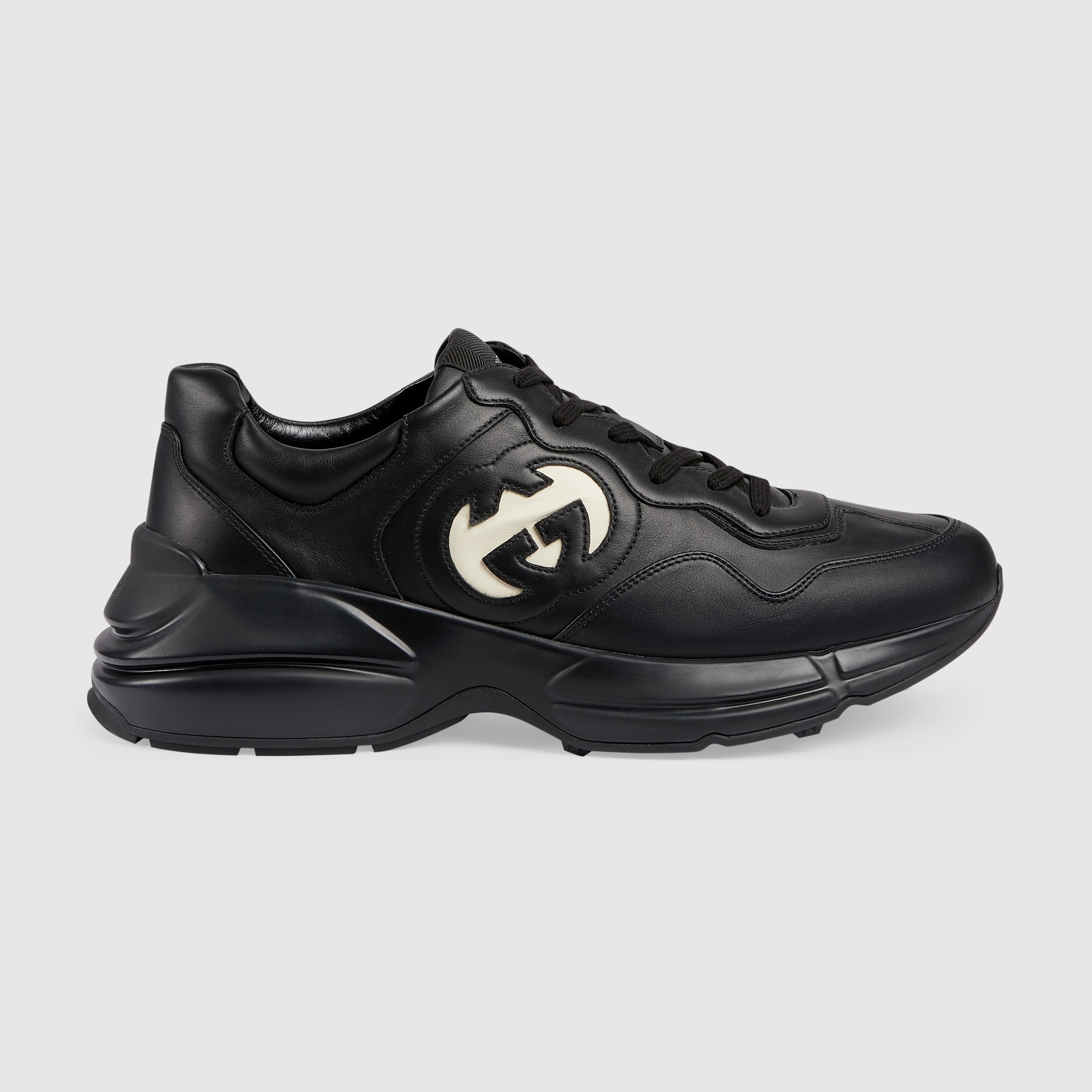 Men's Rhyton sneaker with Interlocking G in black leather | GUCCI® AE