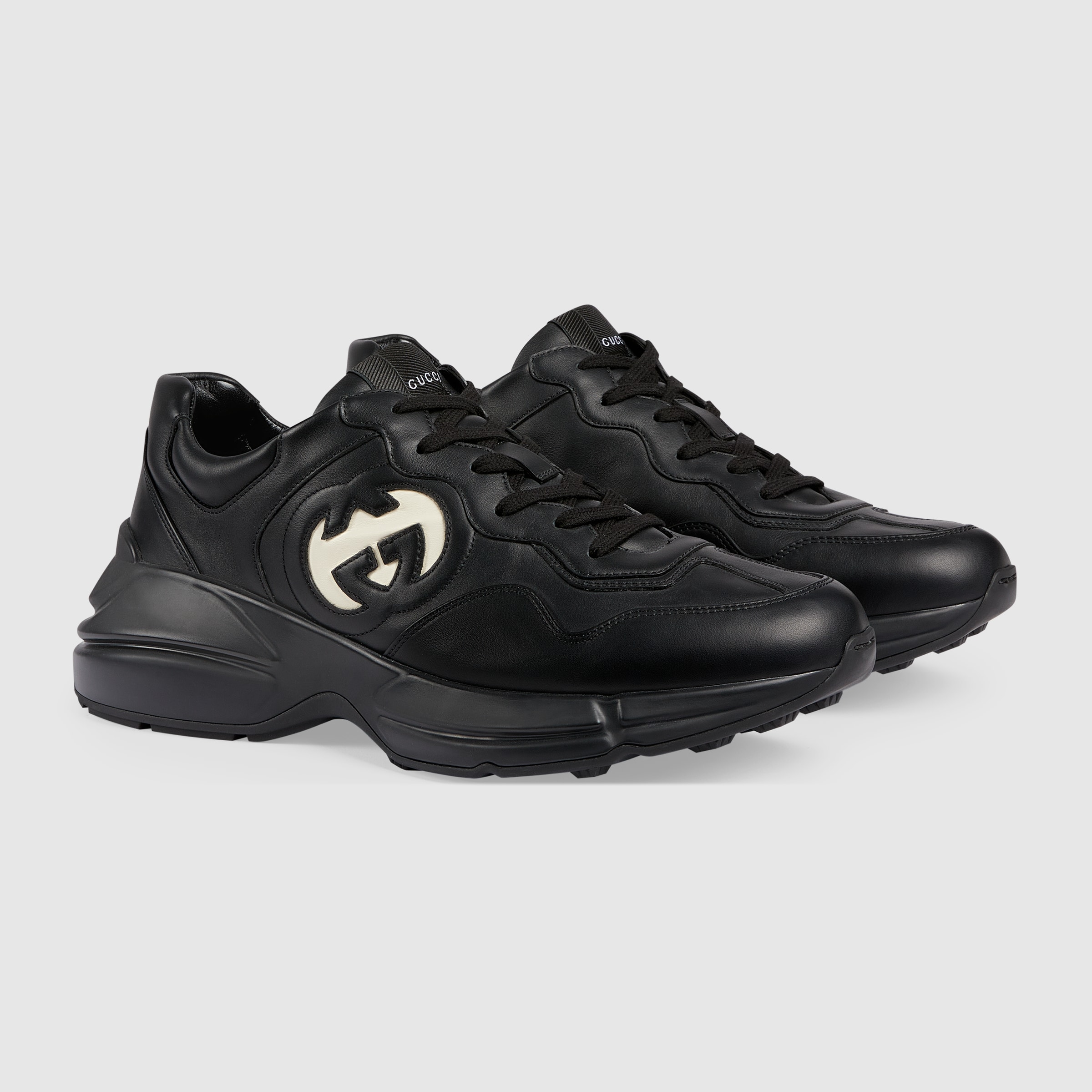 Men's Interlocking G Rhyton sneaker in black leather | GUCCI® Canada