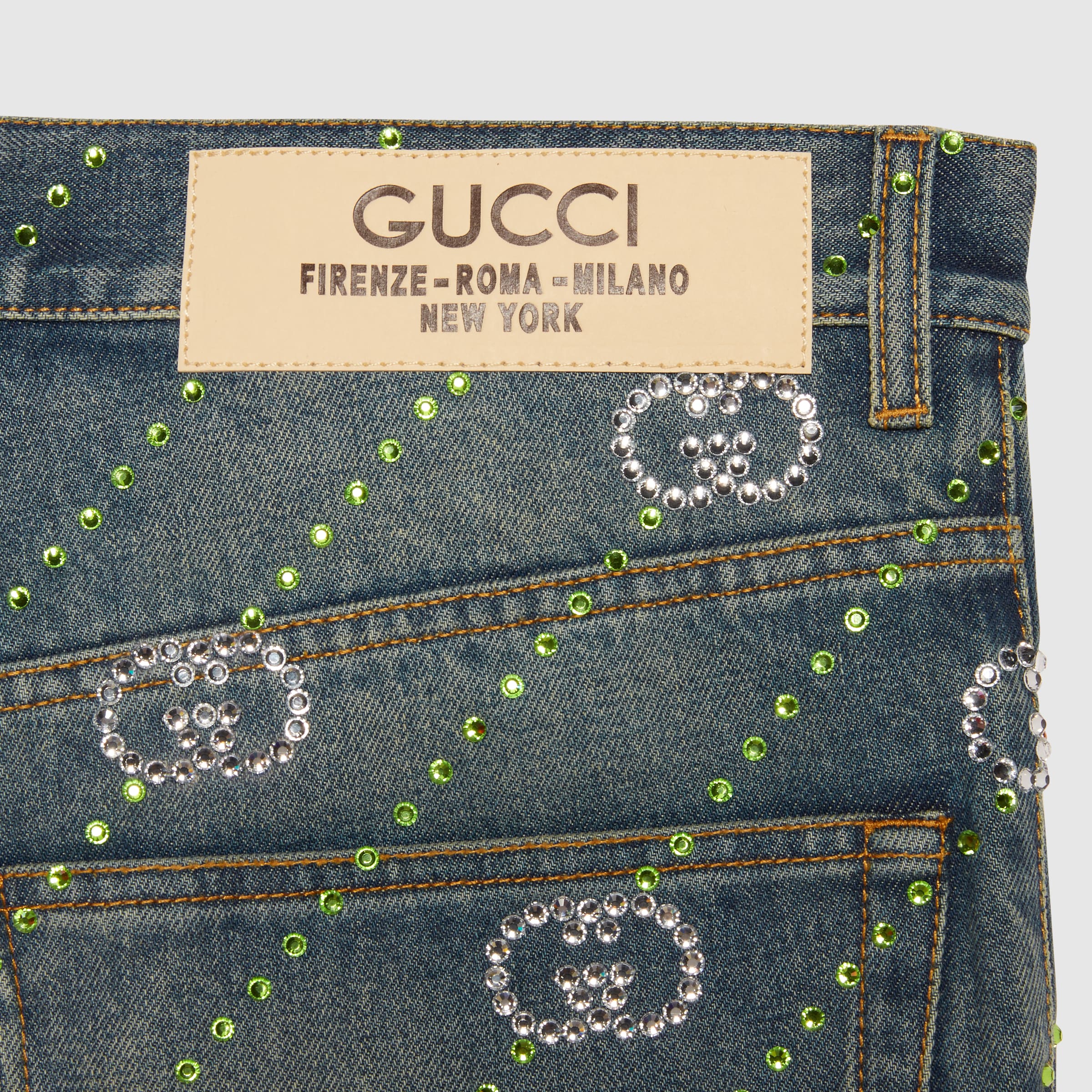 Crystal Interlocking G denim trouser in blue | GUCCI® AE