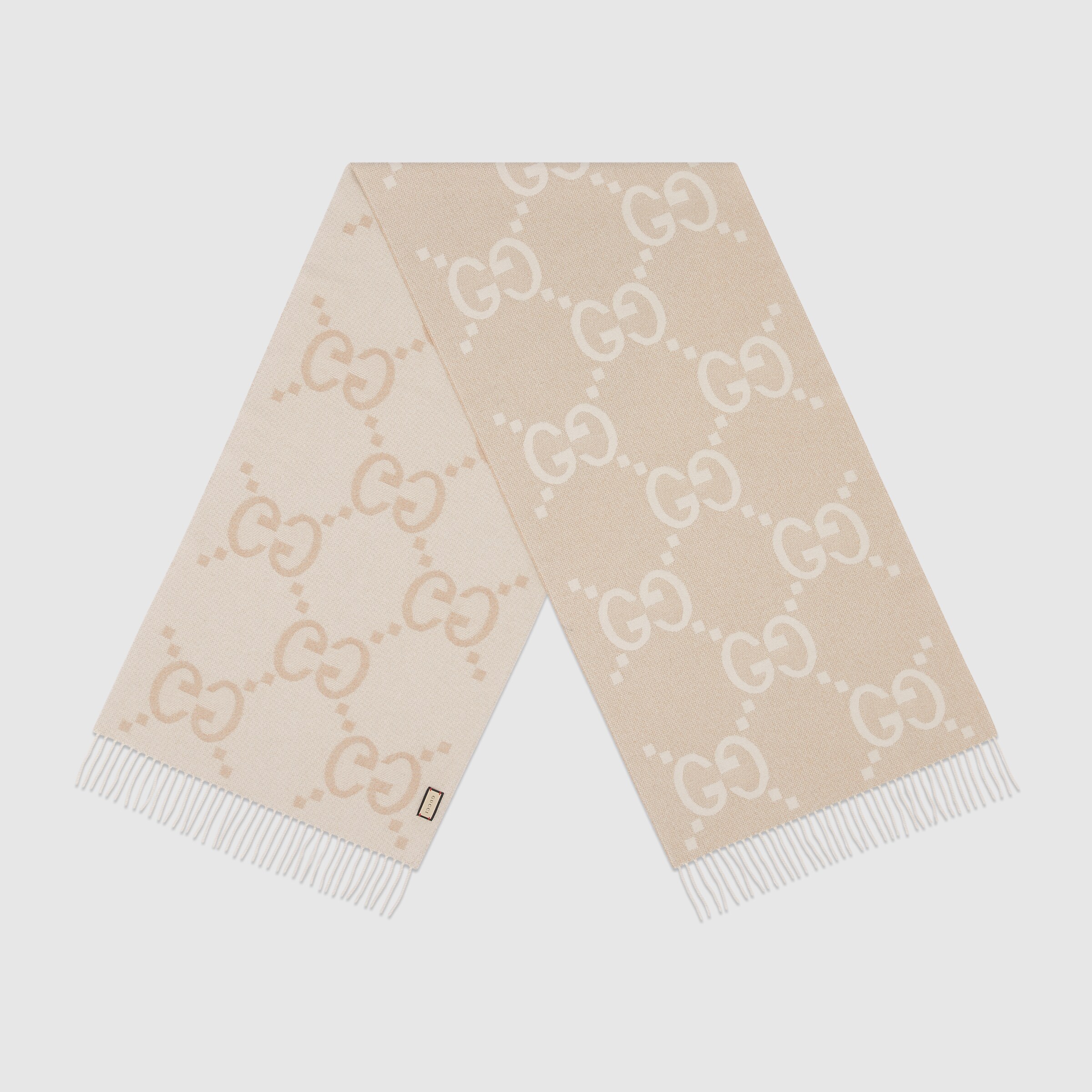 Sciarpa in cashmere lamé jacquard con GG in cammello e bianco | GUCCI ...