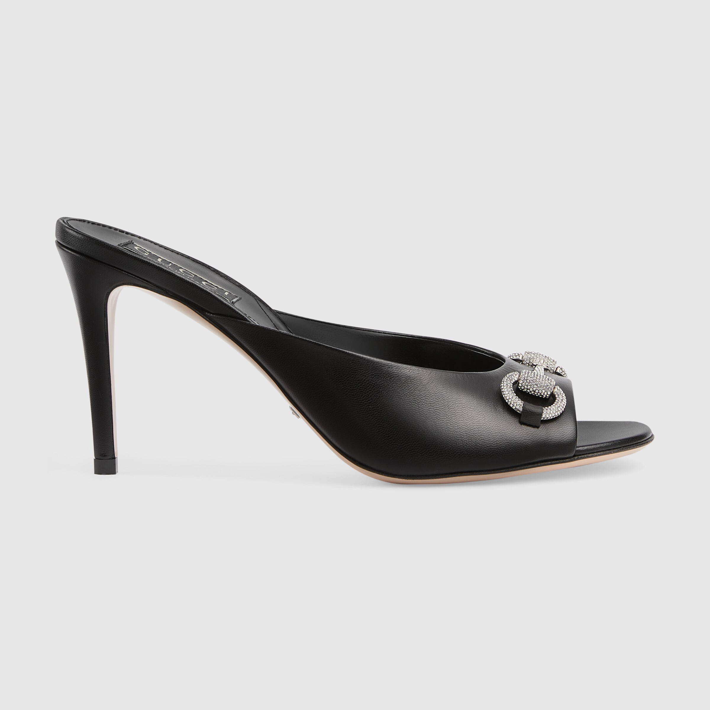 Women's mid-heel slide sandal in black leather | GUCCI® 香港