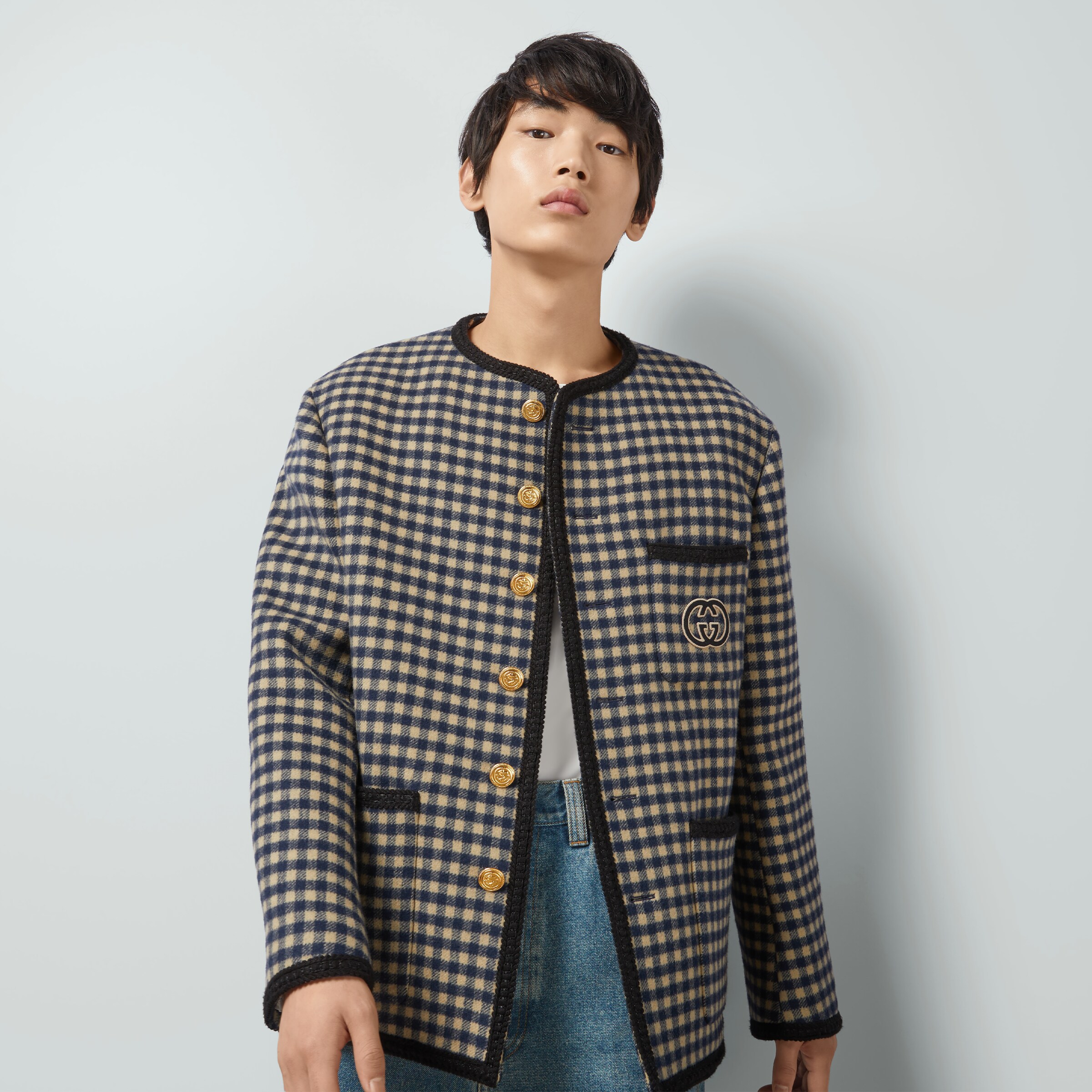 Wool gingham jacket with Interlocking G in beige and blue | GUCCI® 香港