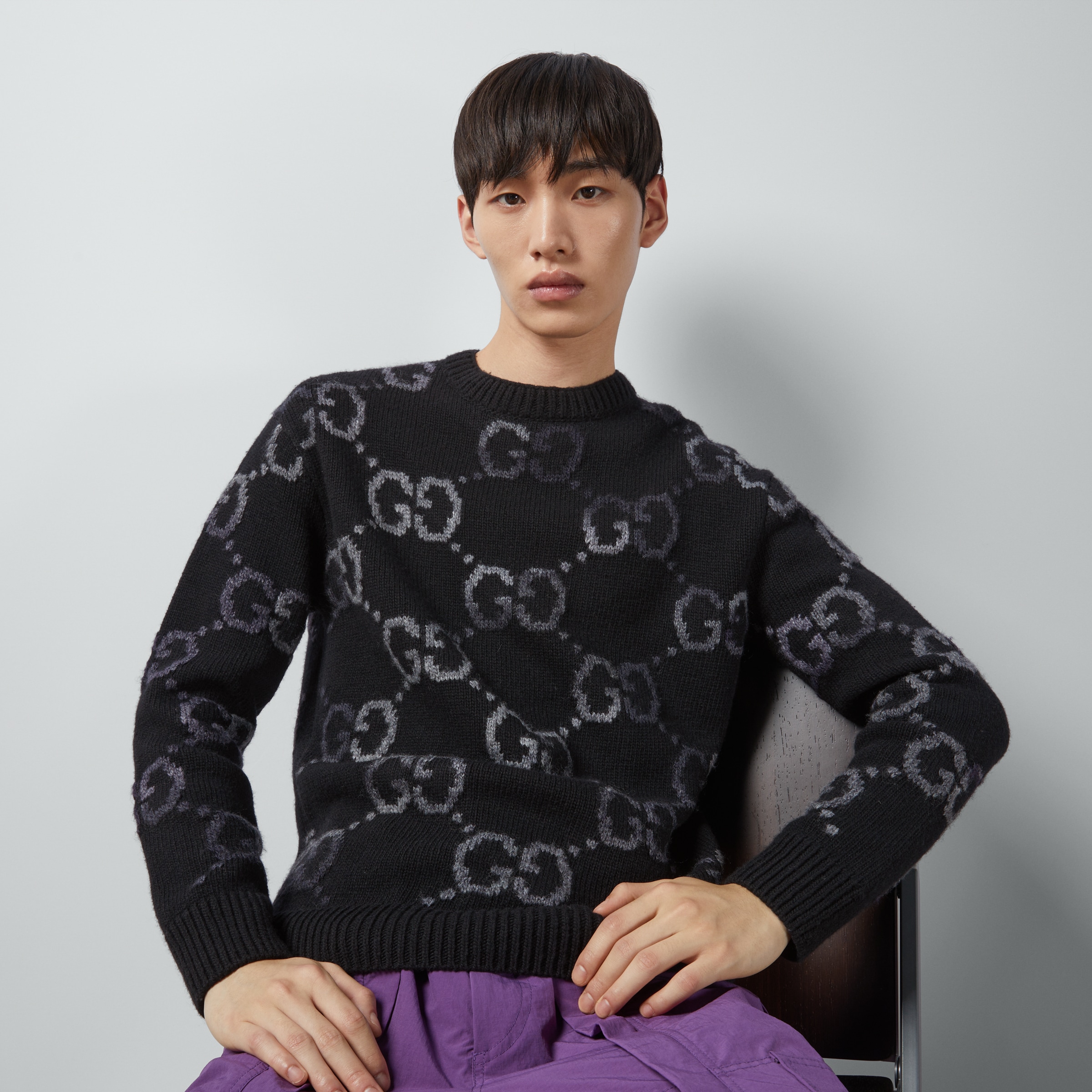 Wool jumper with GG intarsia in black | GUCCI® ZA