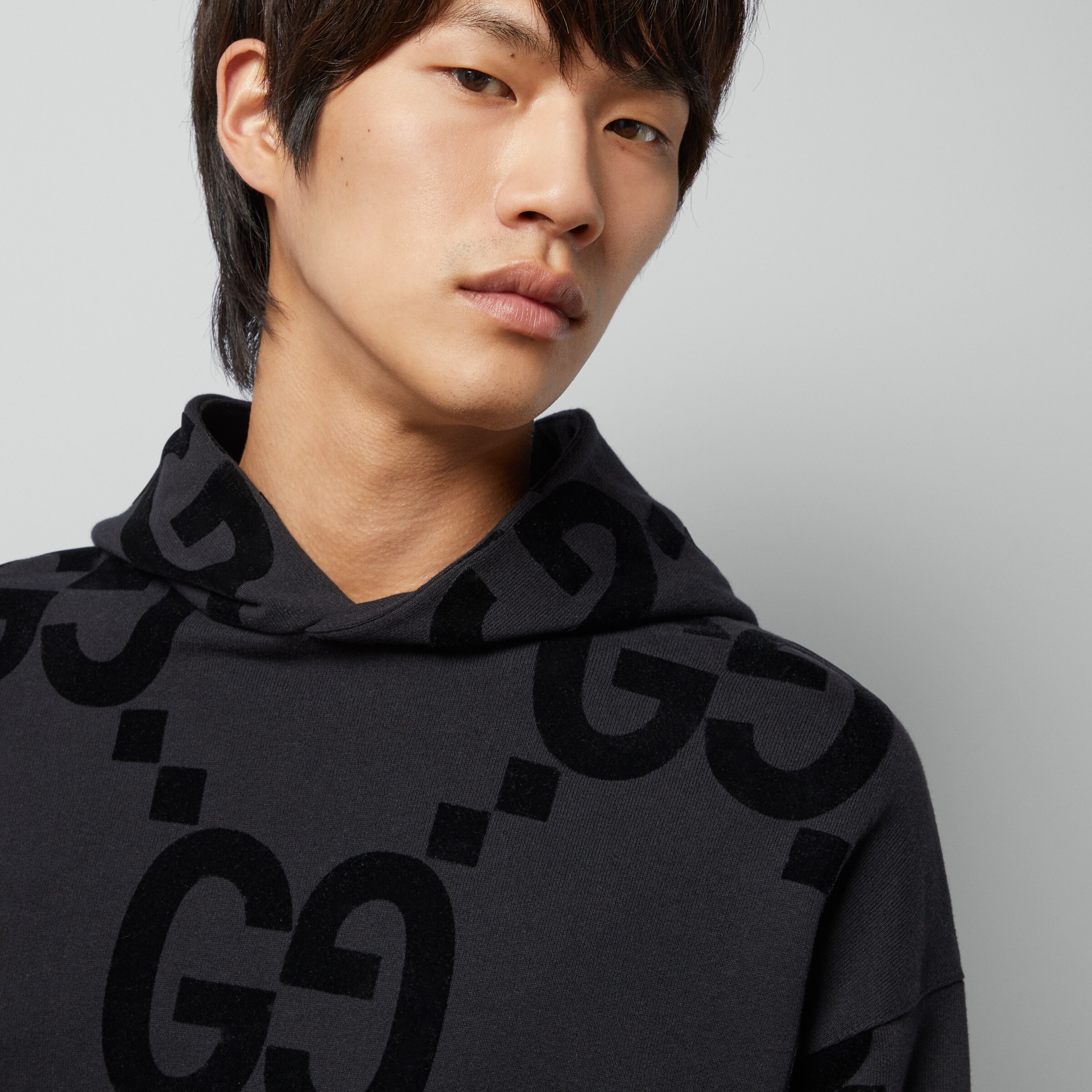 GG flocked print cotton fleece sweatshirt in black | GUCCI® US