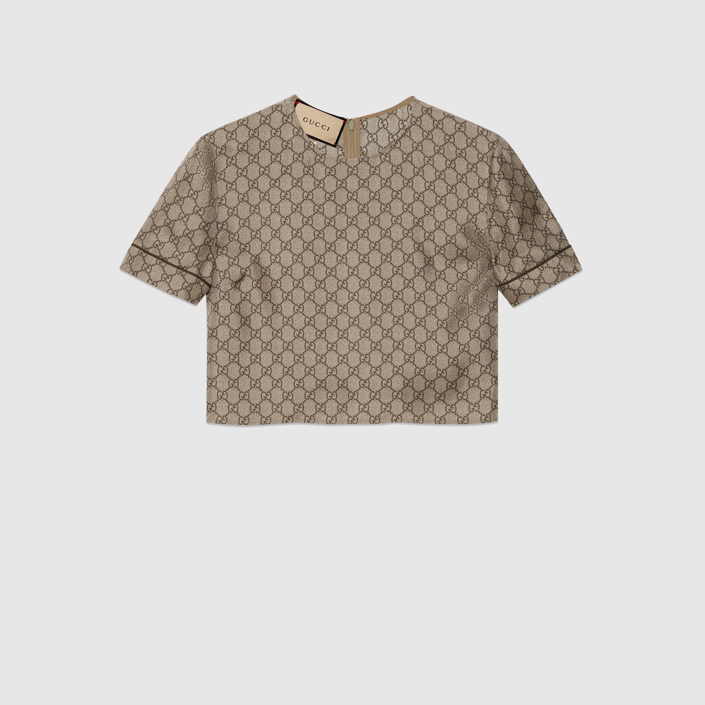 GG Supreme print silk top in beige and ebony | GUCCI® US