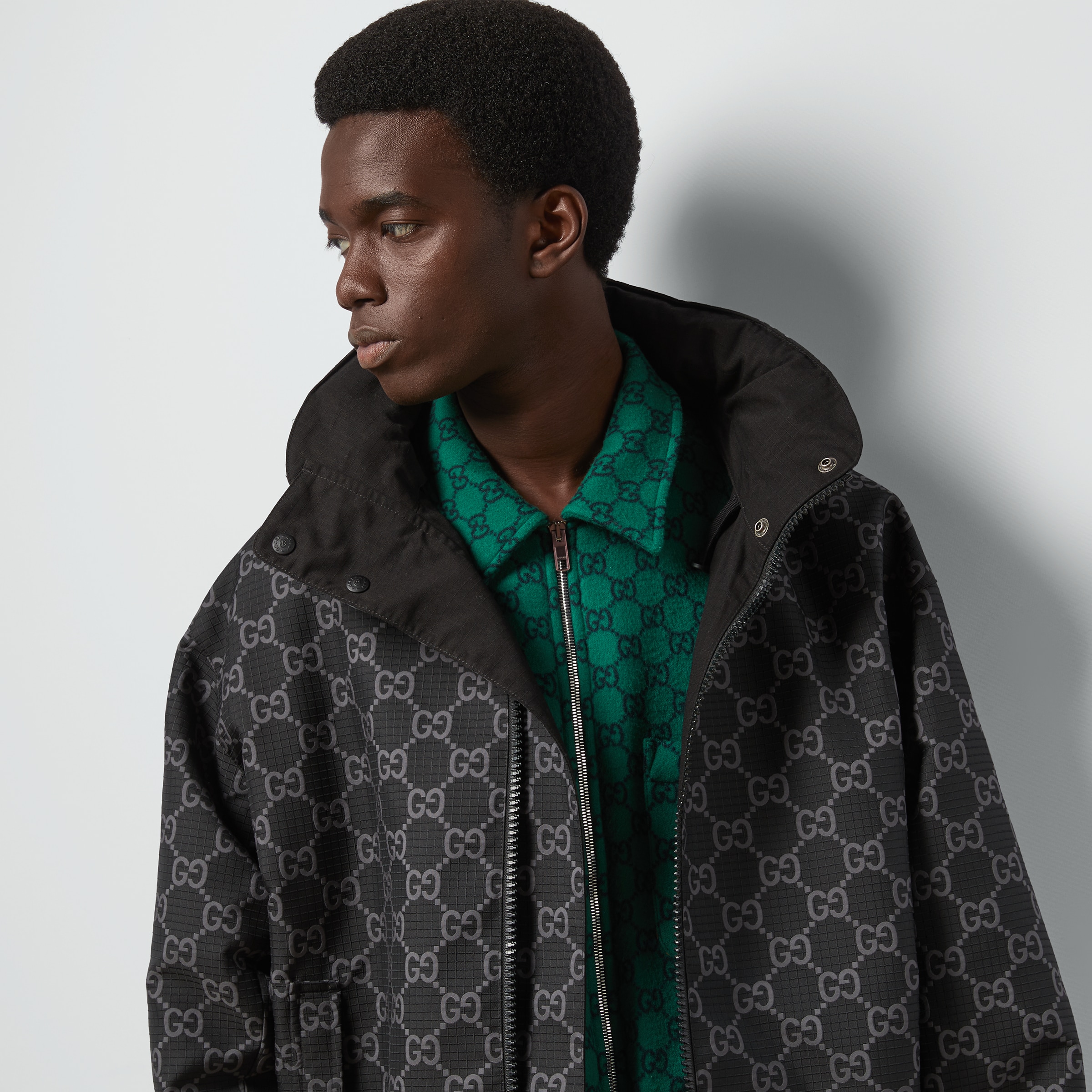 Reversible GG ripstop nylon jacket in black and grey | GUCCI® US