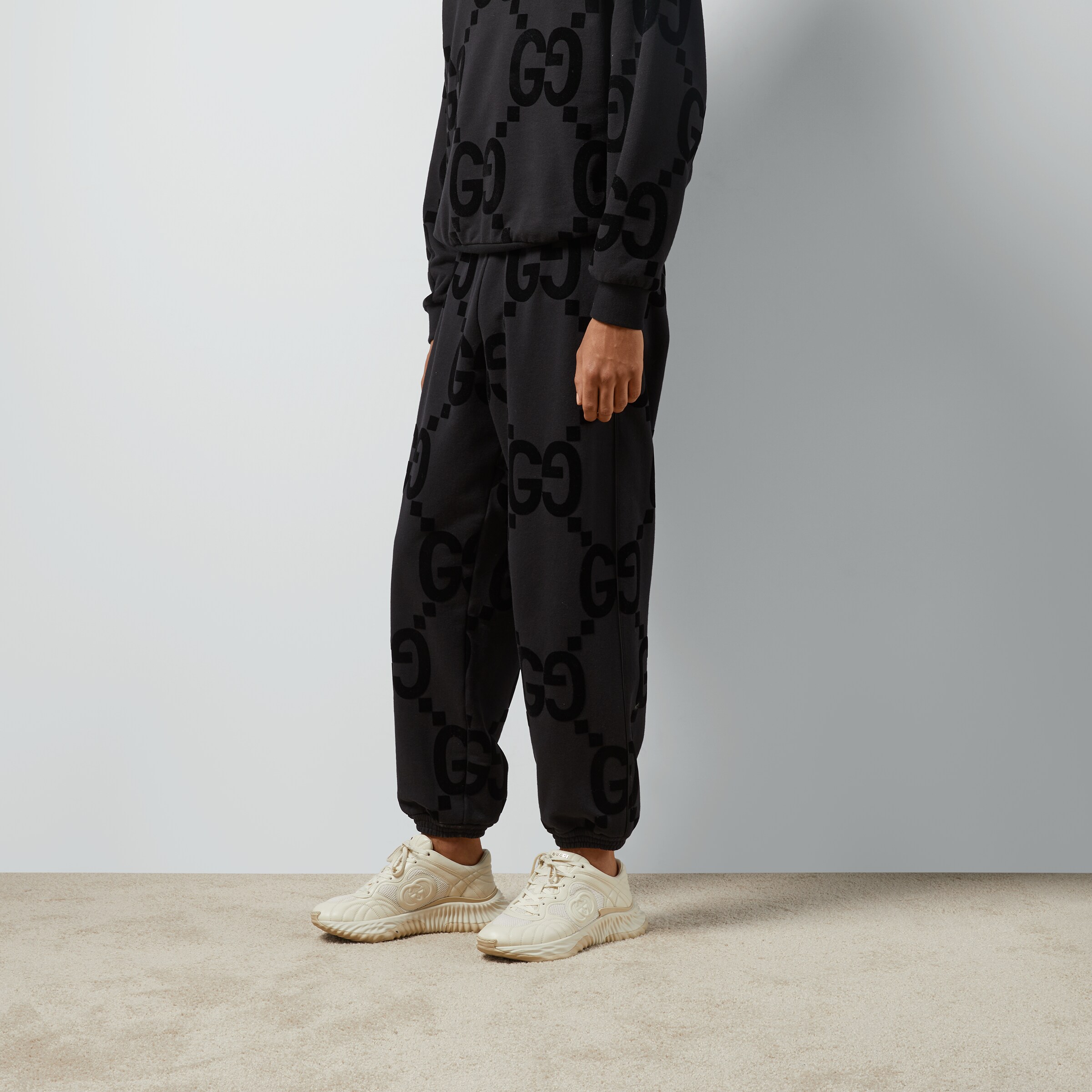 GG flocked print cotton fleece sweatpant in black | GUCCI® US