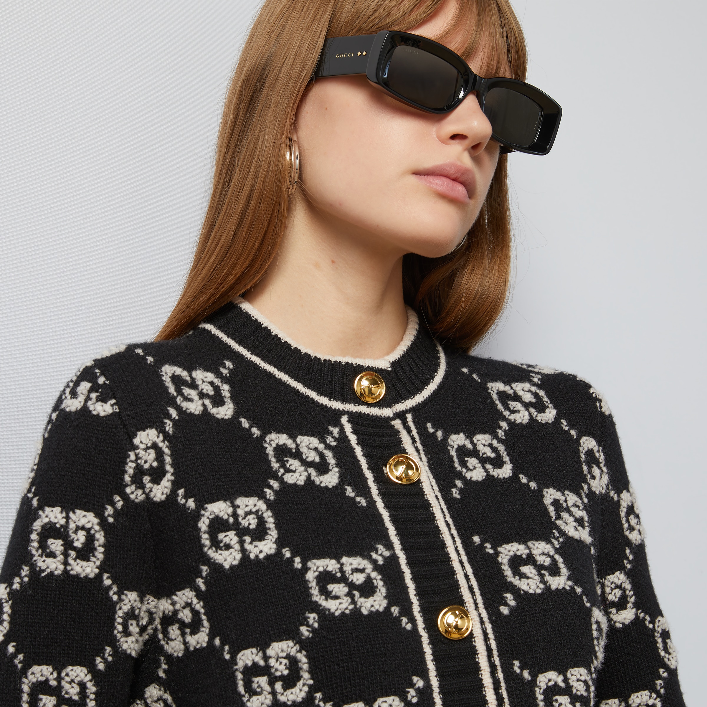 GG wool bouclé jacquard cardigan in black and ivory | GUCCI® UK