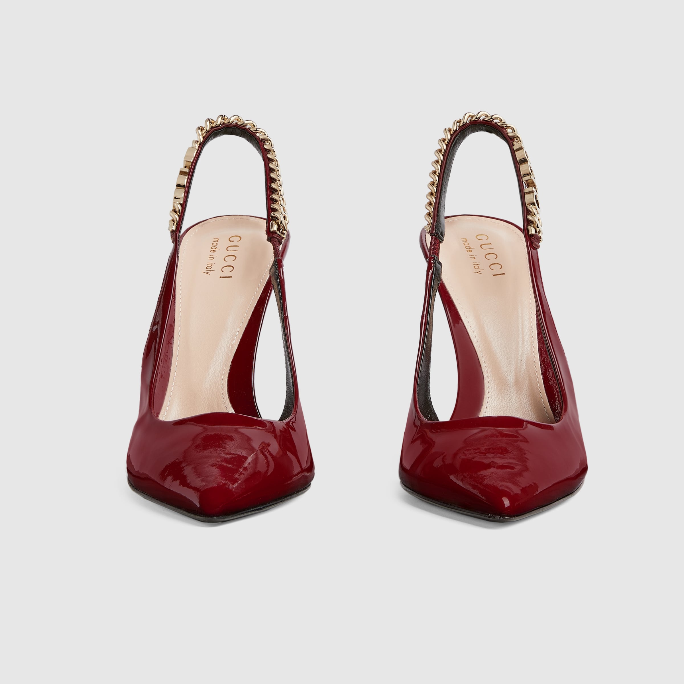 Zapato de salón Gucci Signoria con talón descubierto en charol Rosso ...