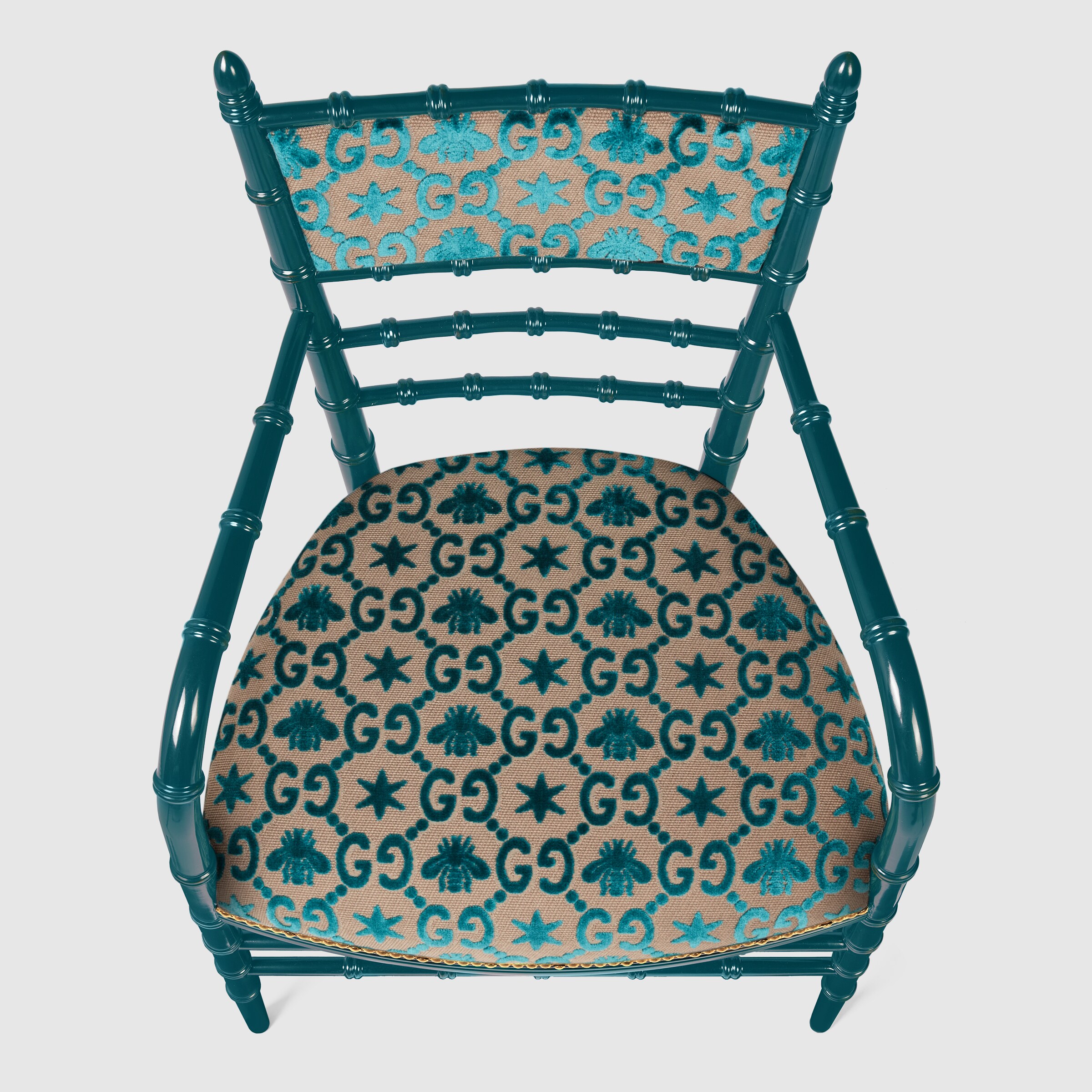 Chiavari GG bees chair with arm rest in turquoise and beige GG jacquard ...