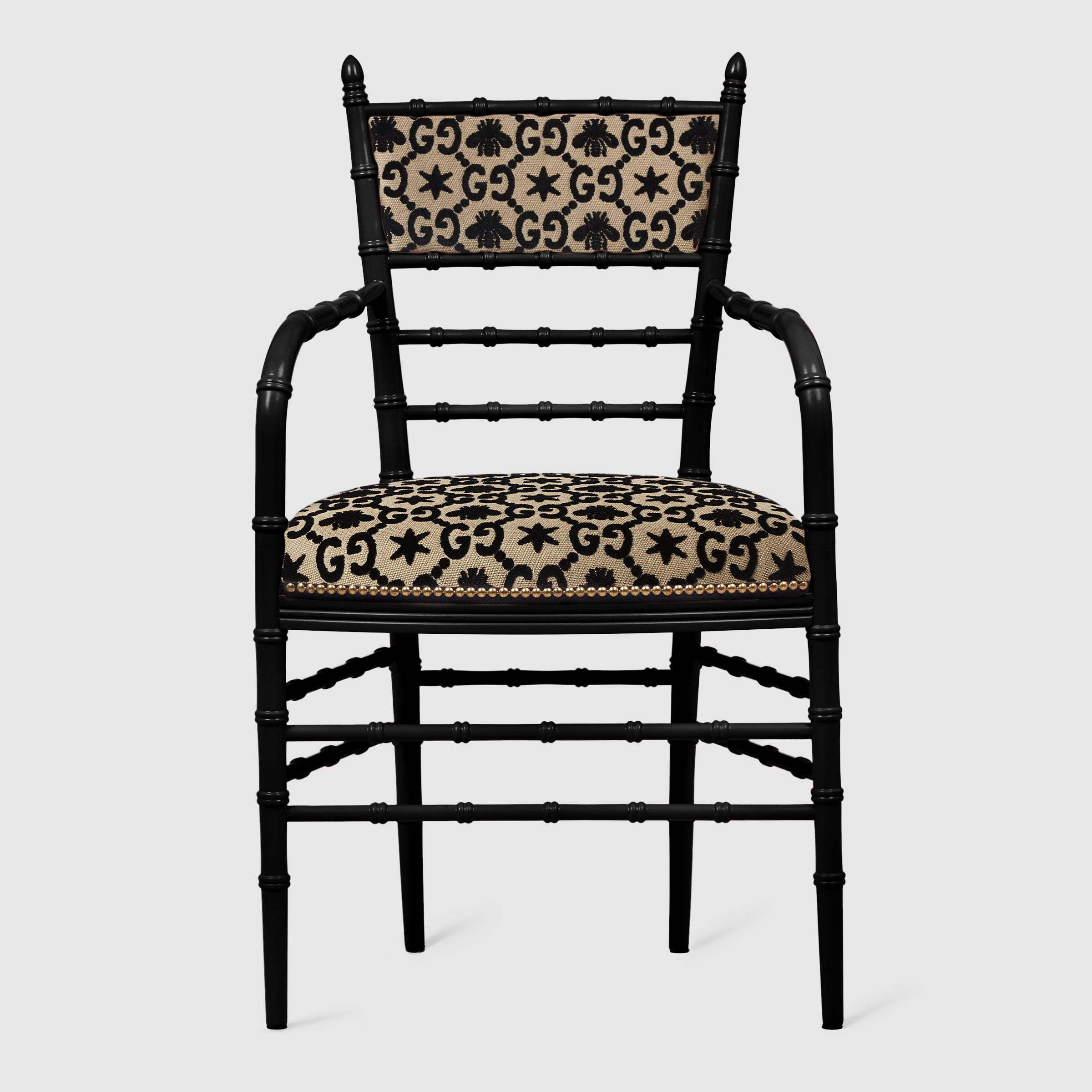 Chiavari GG bees chair with arm rest in black and beige GG jacquard ...