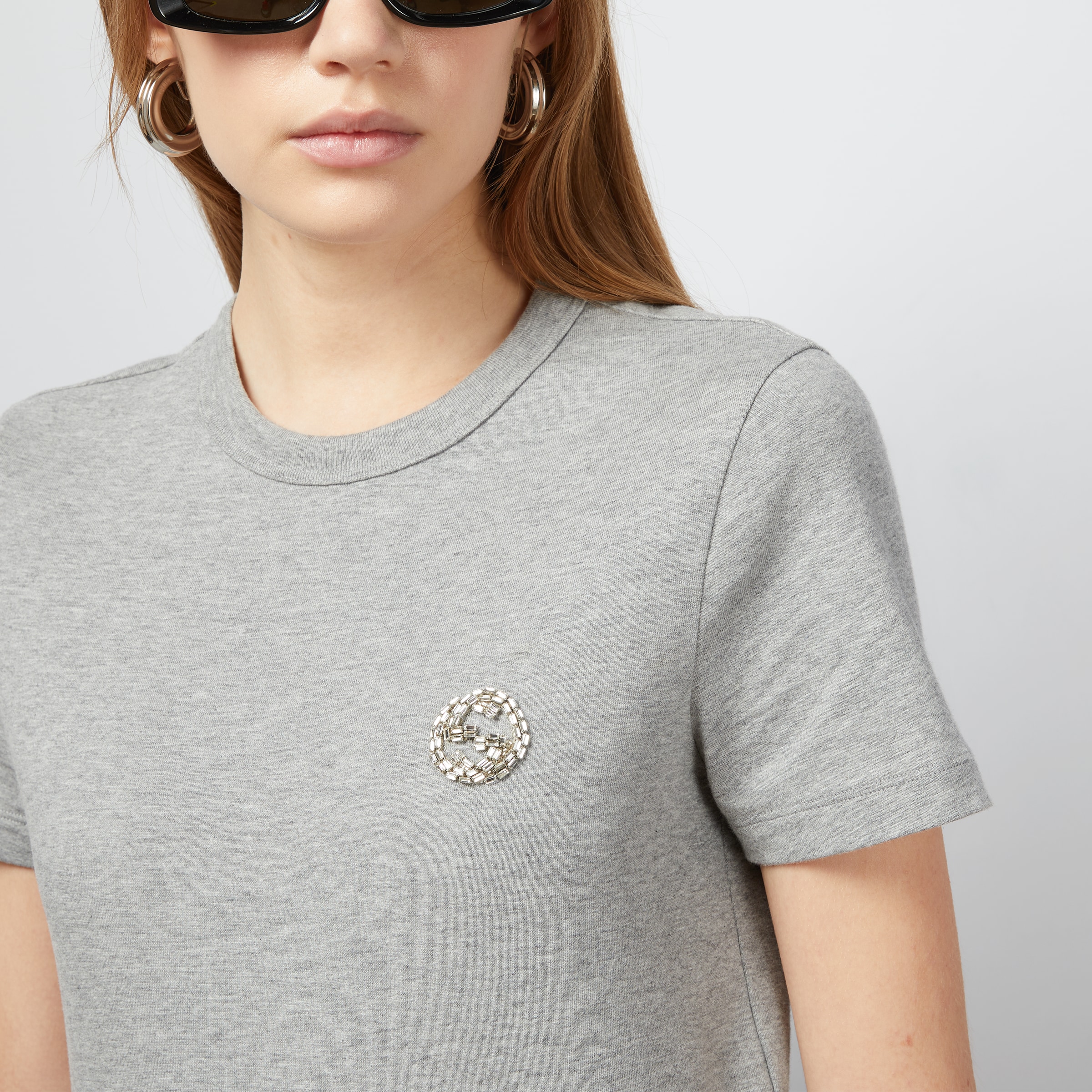 Cotton jersey T-shirt with embroidery in grey | GUCCI® US