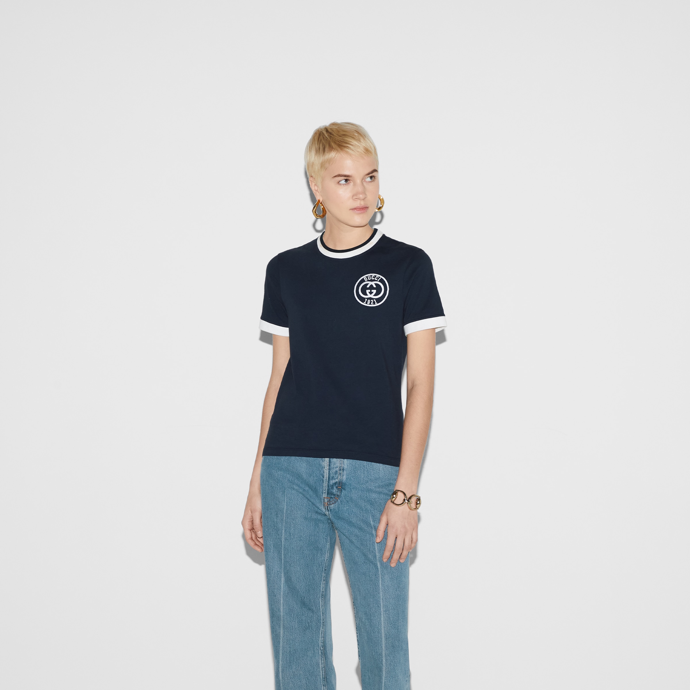 Cotton jersey T-shirt with embroidery in navy | GUCCI® US