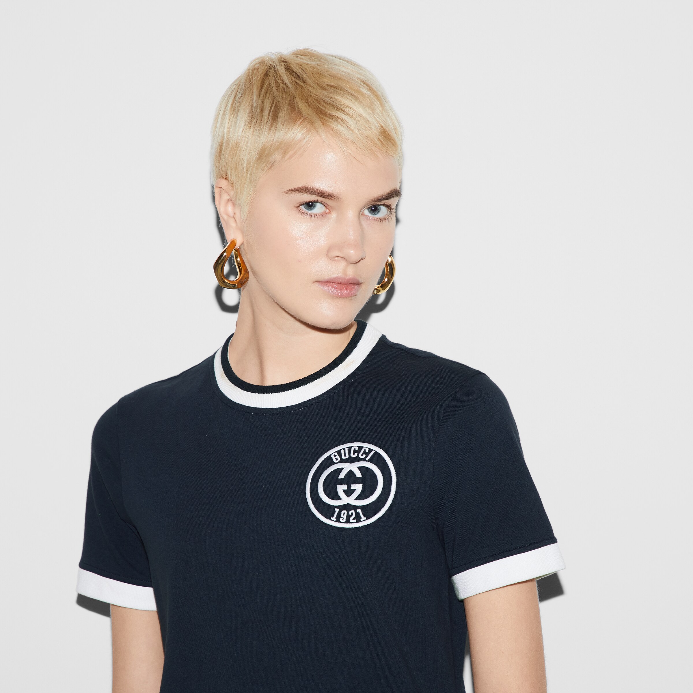 Cotton jersey T-shirt with embroidery in navy | GUCCI® US