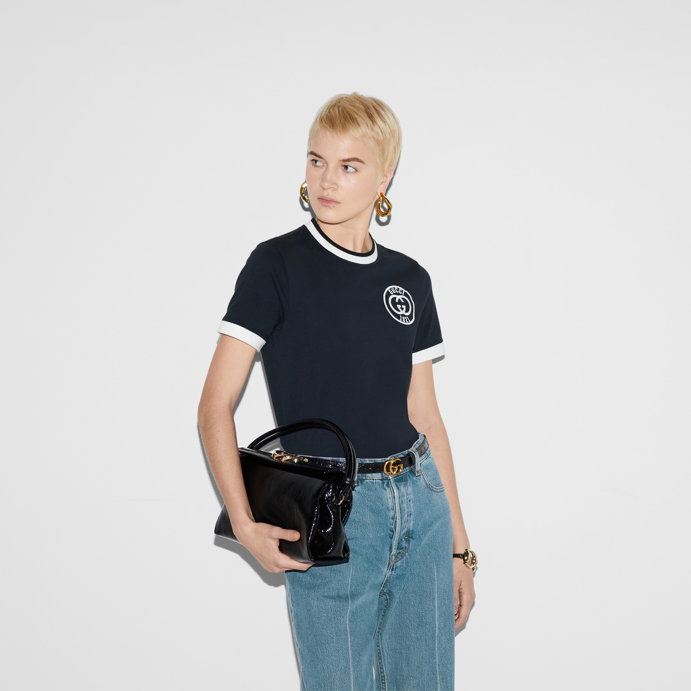 Cotton jersey T-shirt with embroidery in navy | GUCCI® US