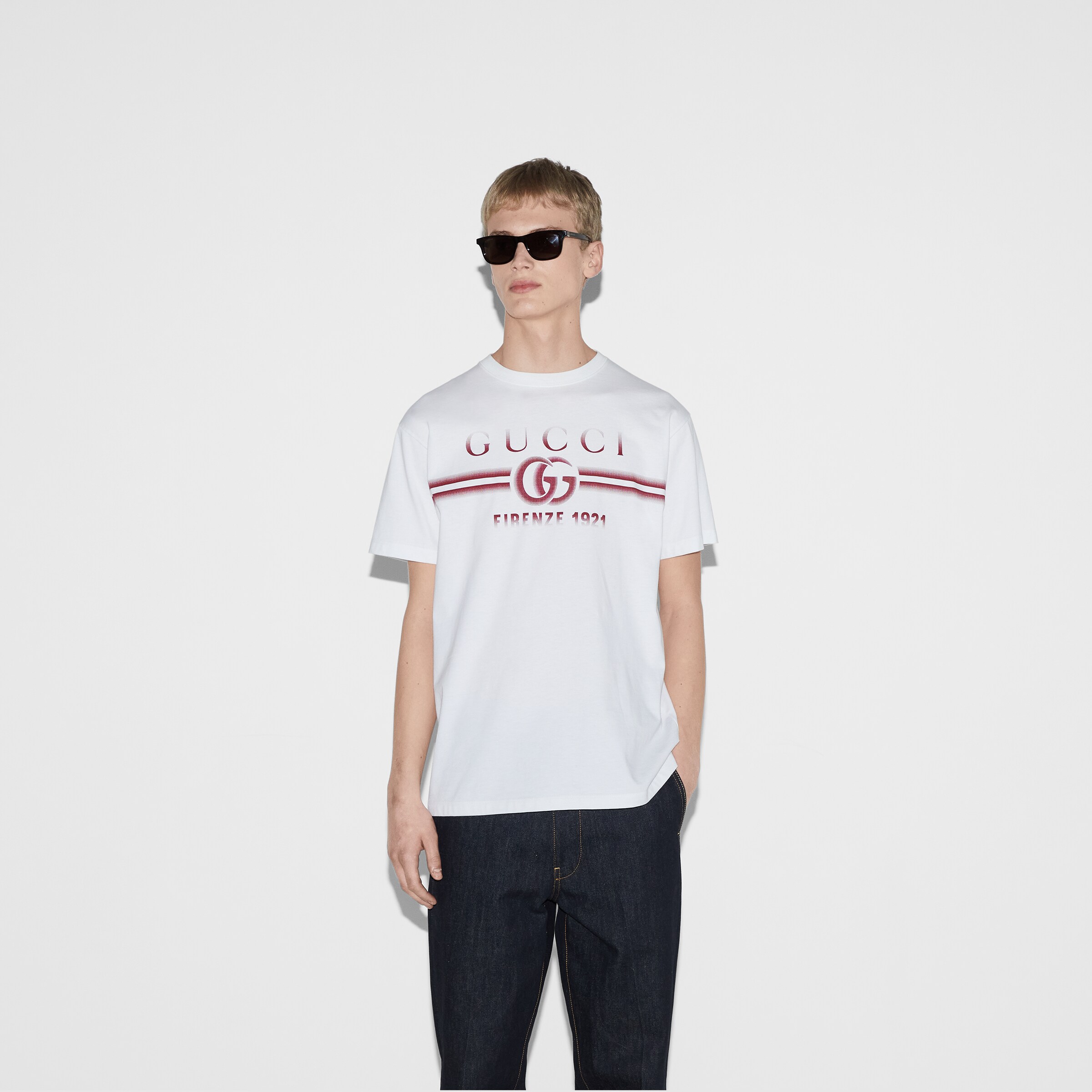 Cotton jersey T-shirt with Gucci print in white | GUCCI® US